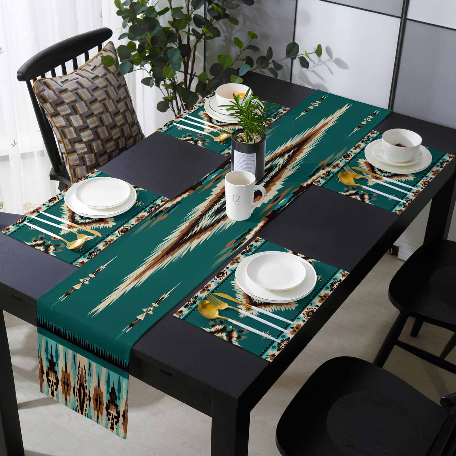 Teal Brown Placemats Set of 4 with 70 Inches Long Table Runners ...