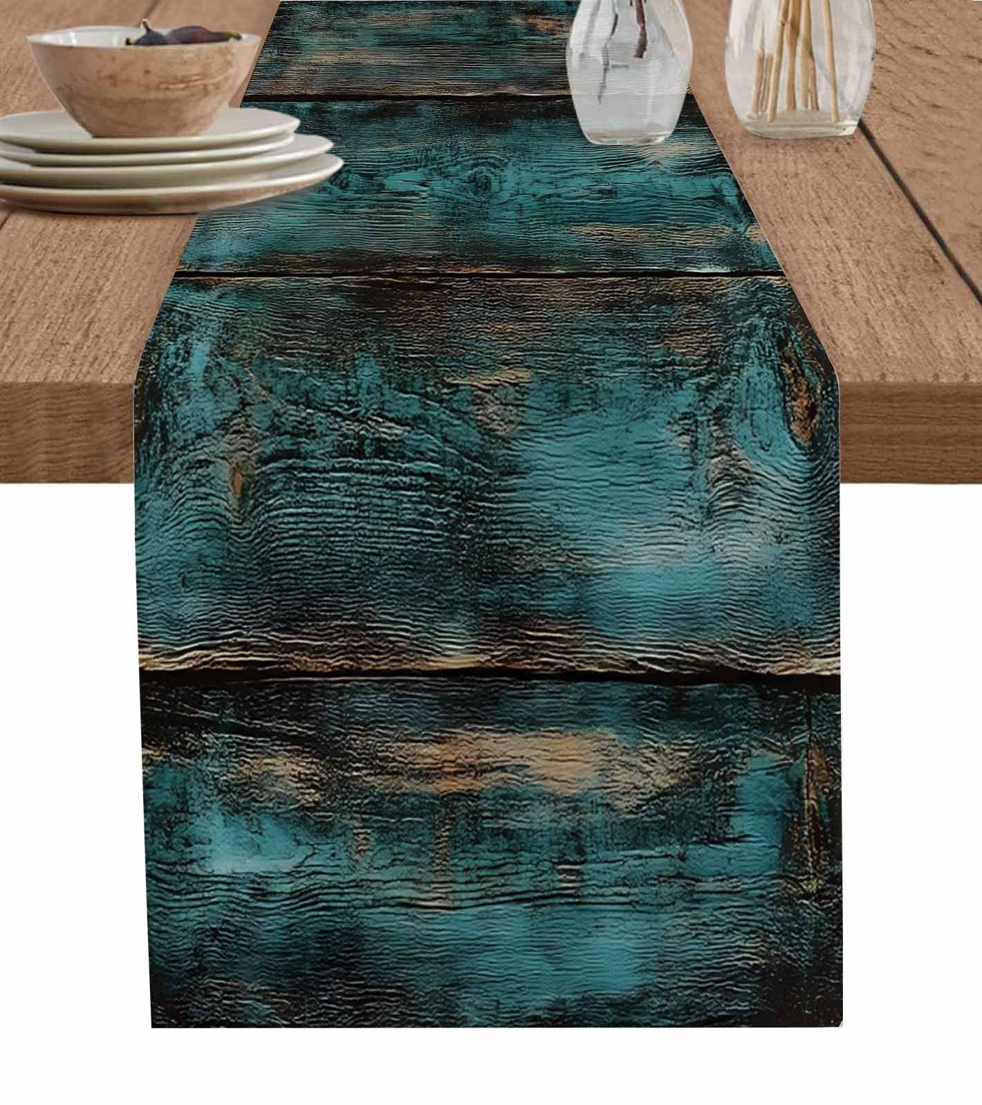 Teal Brown Plank Prints Table Runner 108 Inches, Farmhouse Vintage ...
