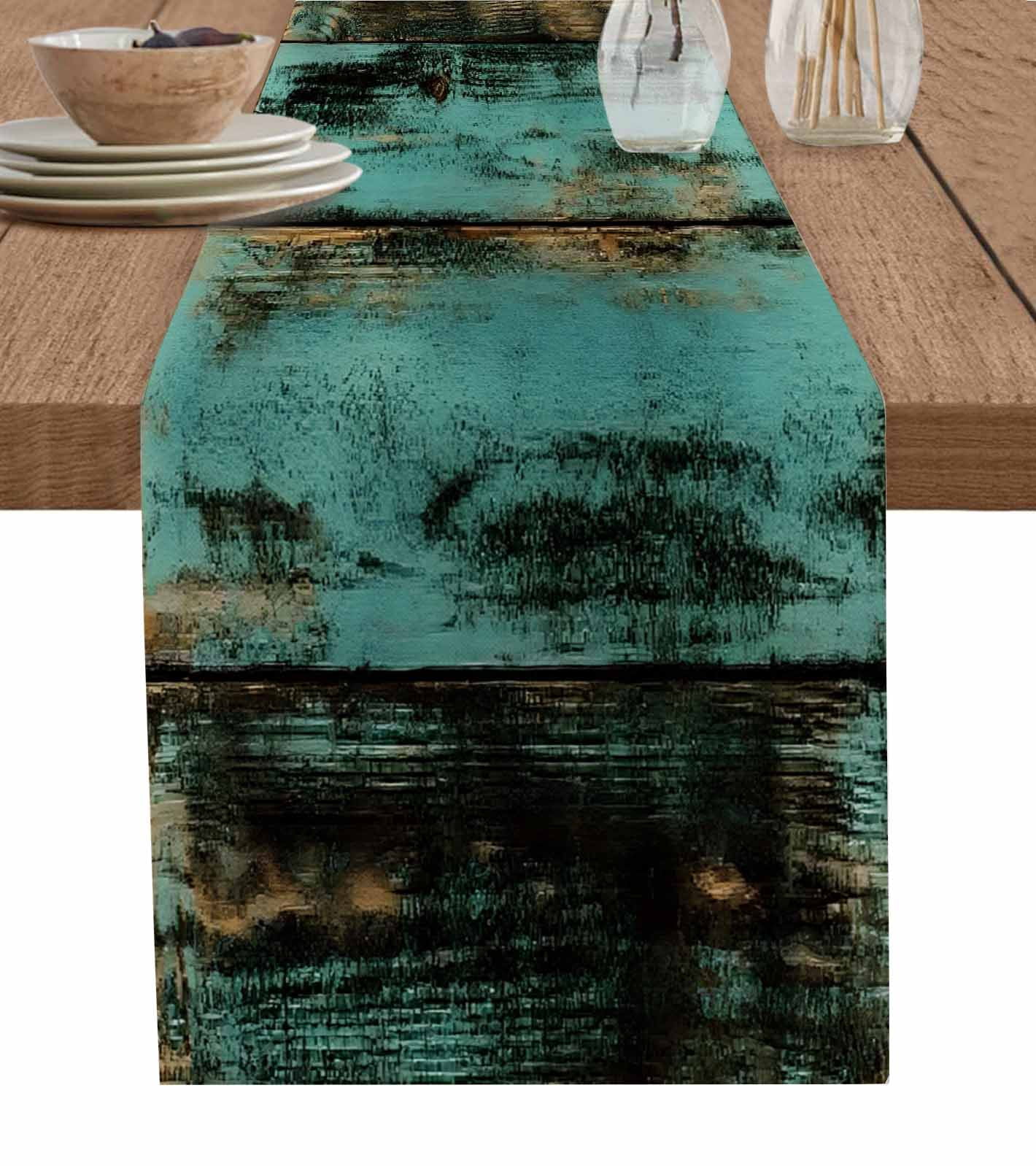 Teal Brown Plank Table Runner 72 Inches, Farmhouse Vintage Shabby Wood ...