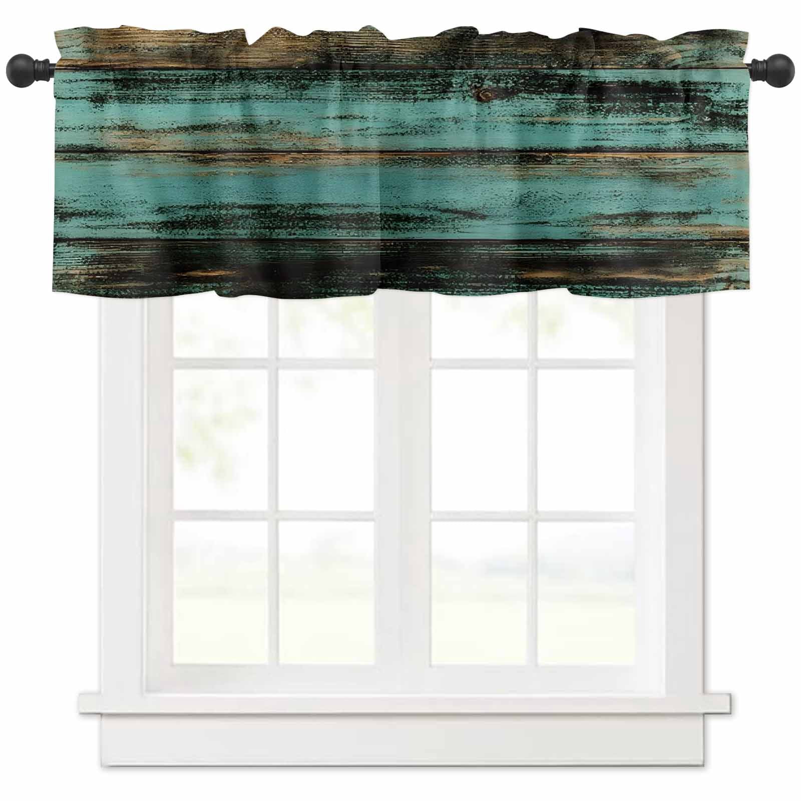 Teal Brown Plank Valances for Windows Farmhouse Kitchen Curtains ...