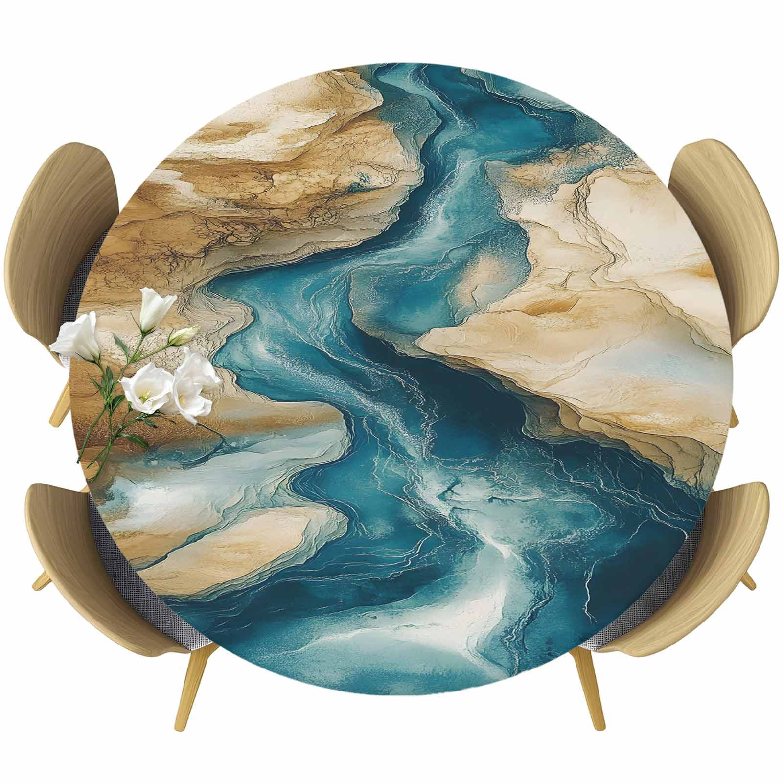Teal Brown Round Tablecloth 36-44 Inch Round Fitted Table Cloth with ...