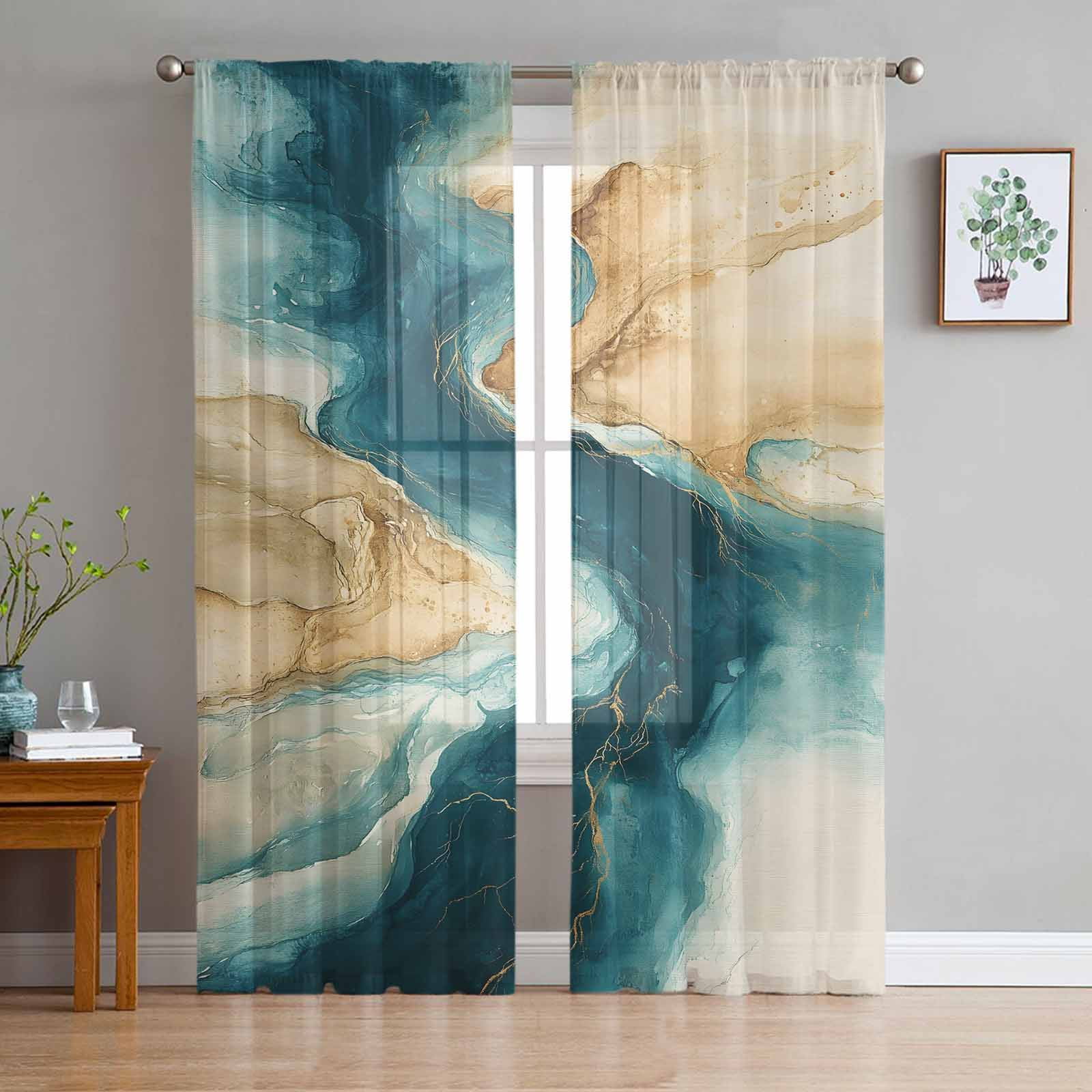 Teal Brown Sheer Curtains 84 Inch Length 2 Panels Set for Living Room ...