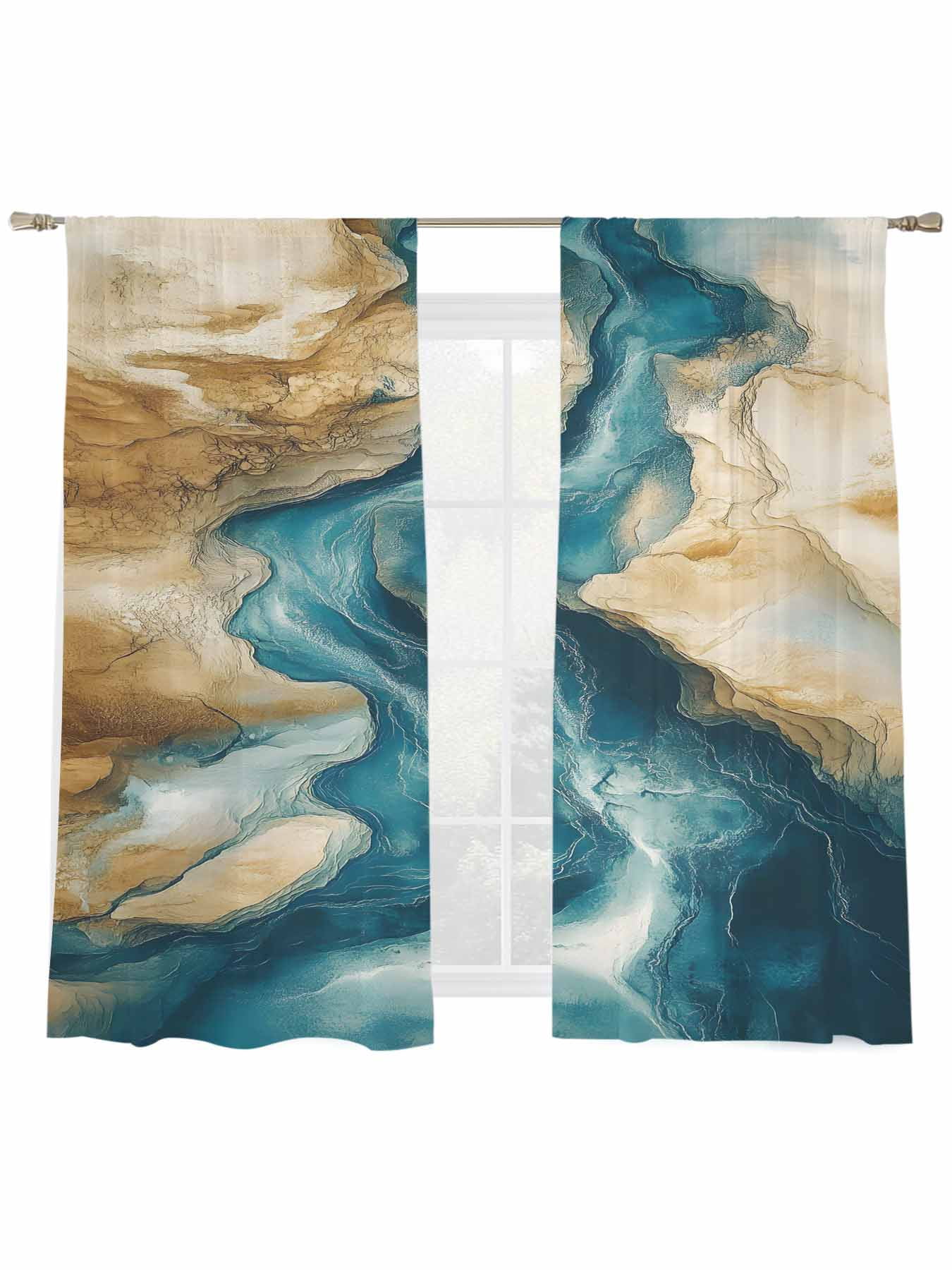 Teal Brown Sheer Curtains for Living Room Bedroom, Light-filtering ...