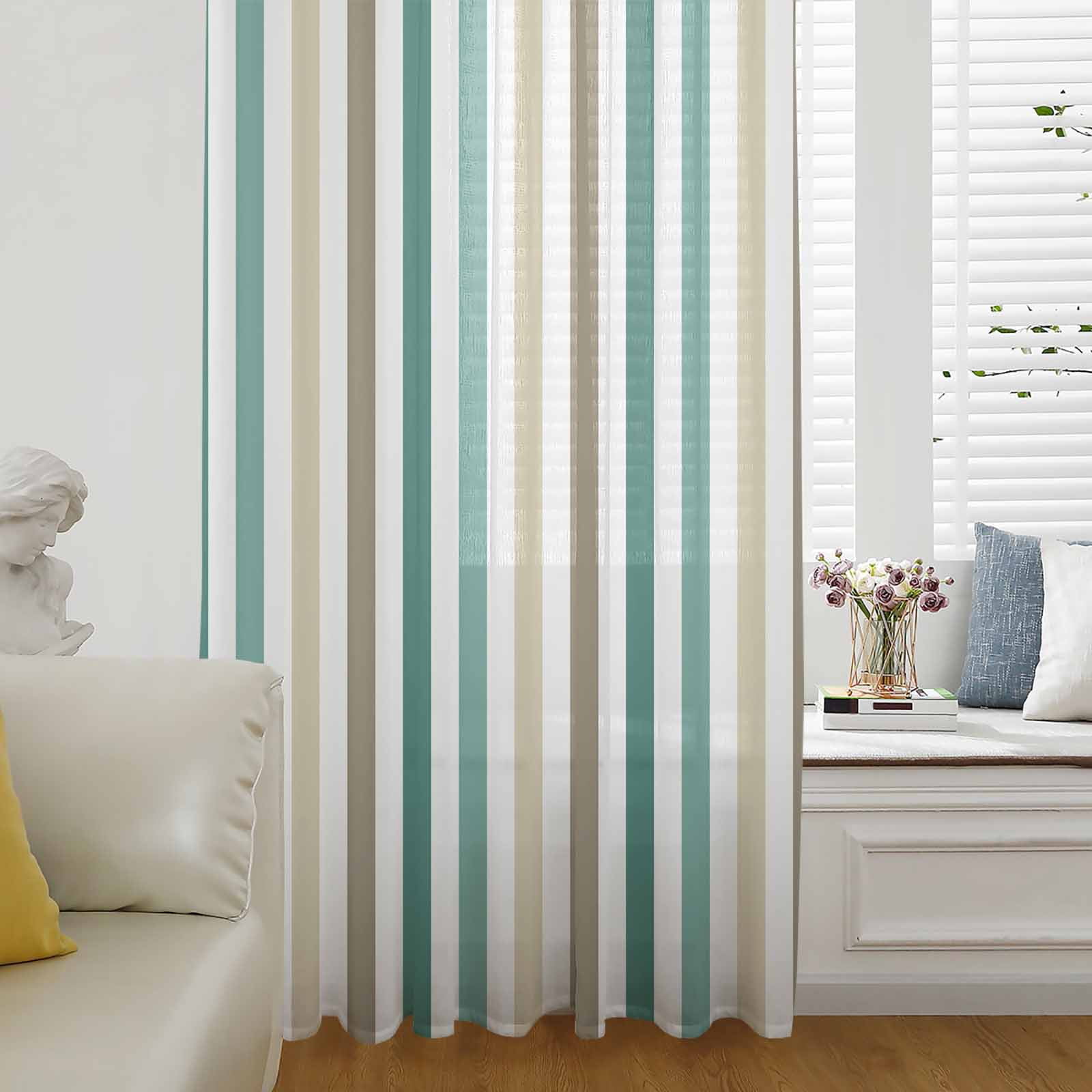 Teal Brown Stripe Window Curtain 96 Inches Long,Gradient Geometric ...