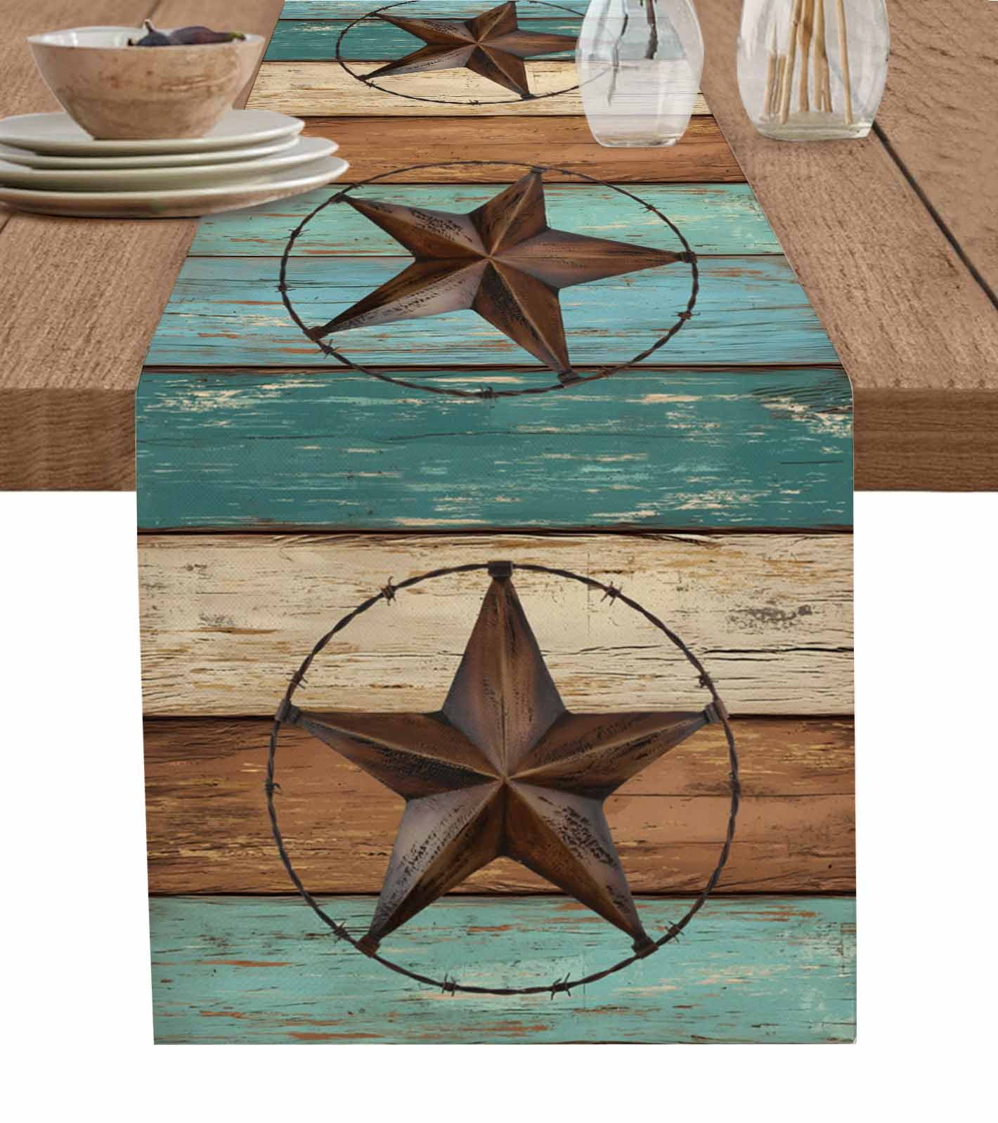 Teal Brown Table Runner Country Texas Star Farmhouse Barn Door Wood ...