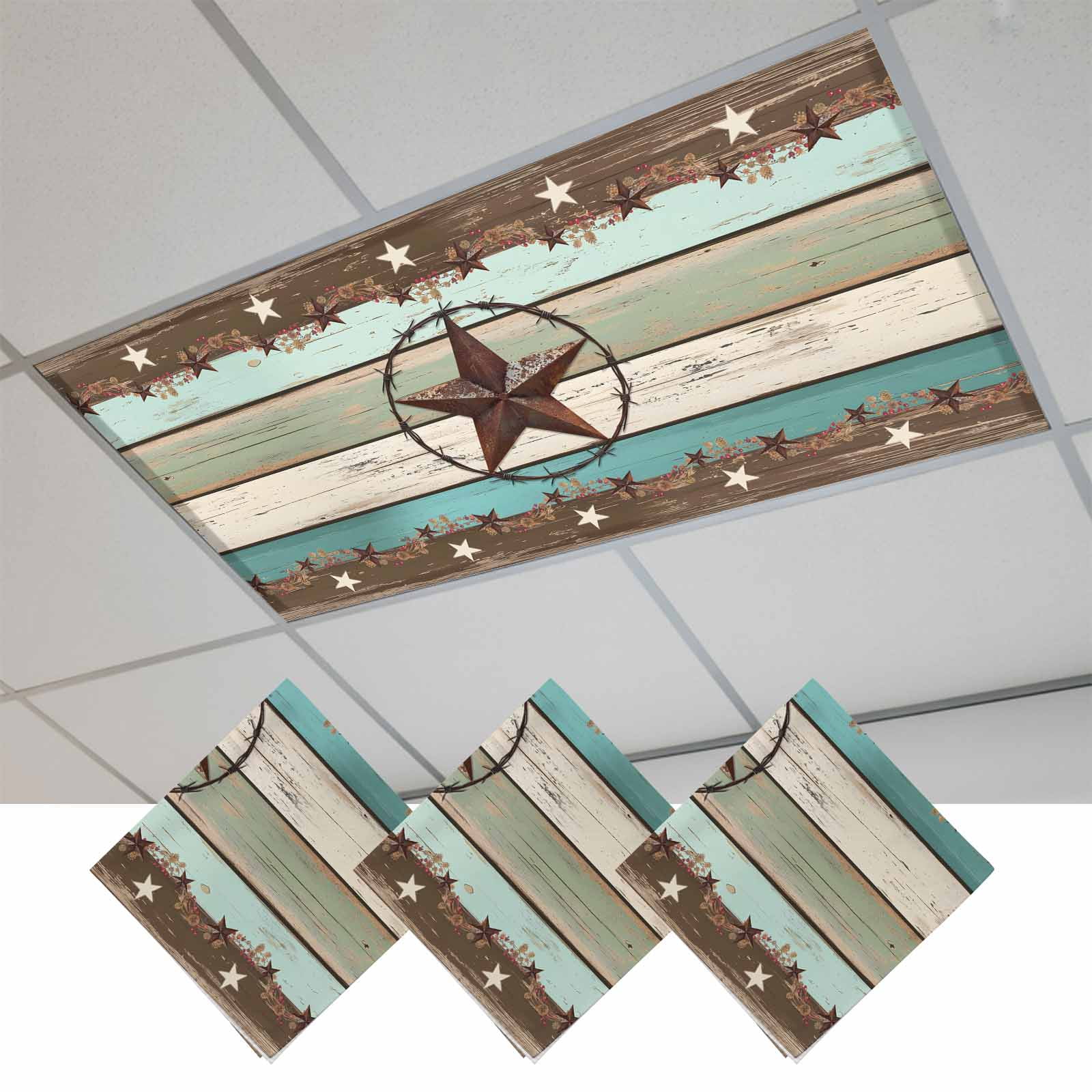 Teal Brown Texas Star Fluorescent Light Covers, Farmhouse Country ...