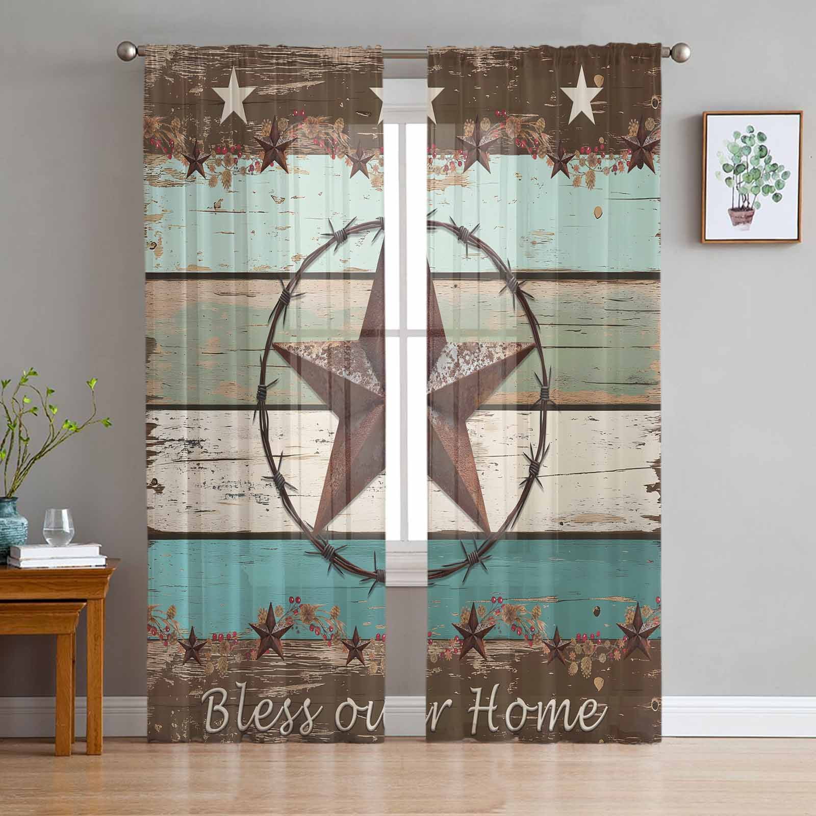 Teal Brown Texas Star Sheer Curtains 72 Inch Length 2 Panels Set for ...