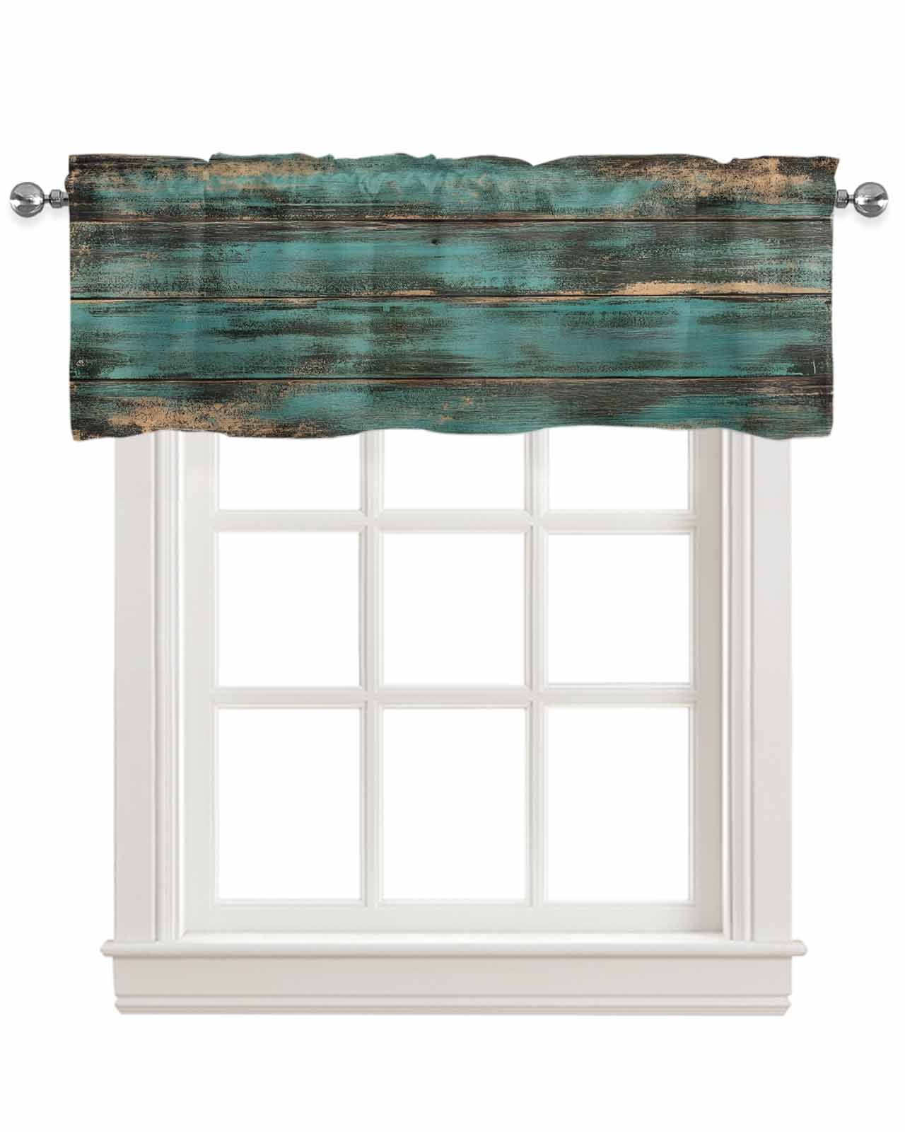 Teal Brown Wood Print Kitchen Valances for Windows Farmhouse Linen ...