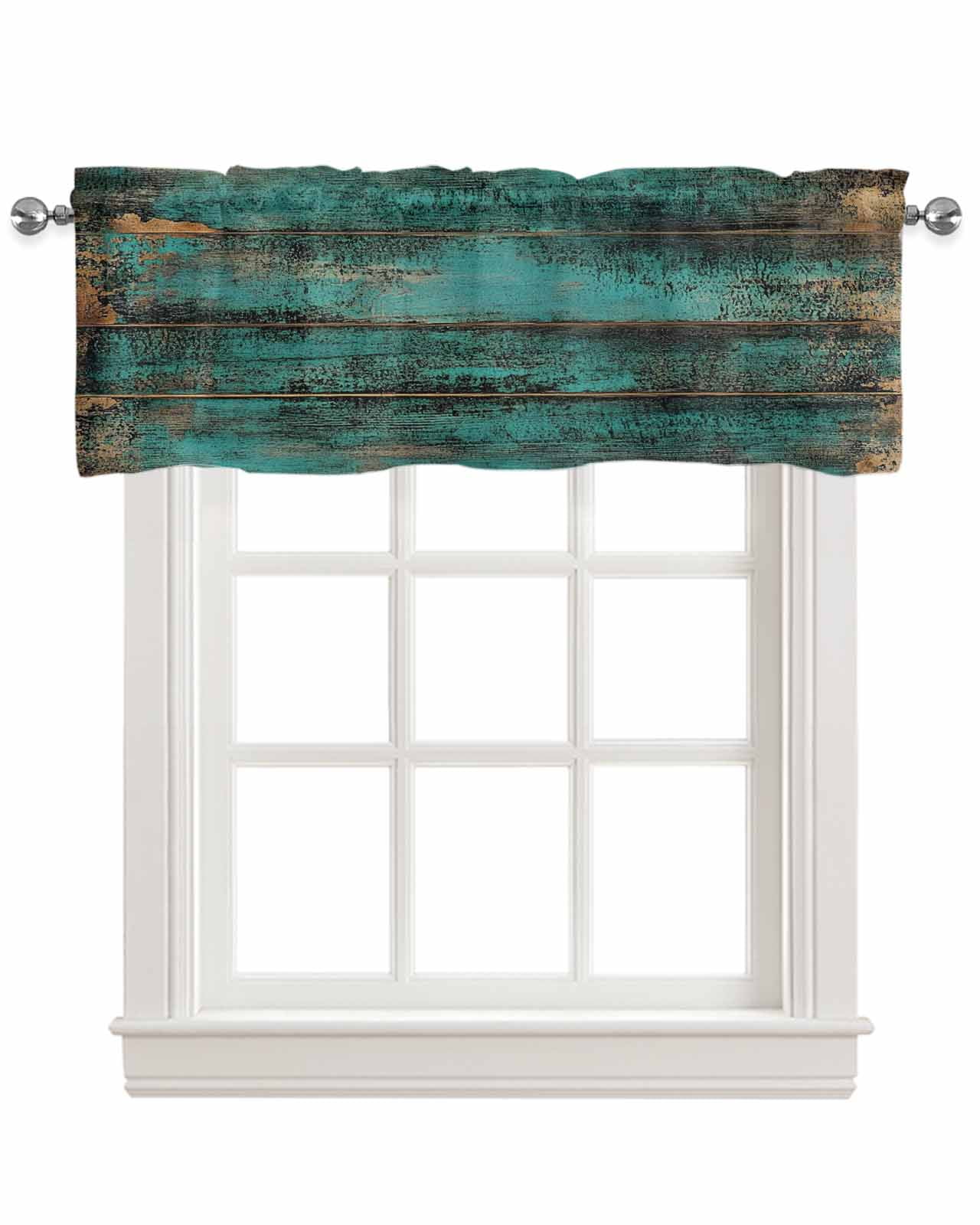 Teal Brown Wood Print Kitchen Valances for Windows Farmhouse Linen ...