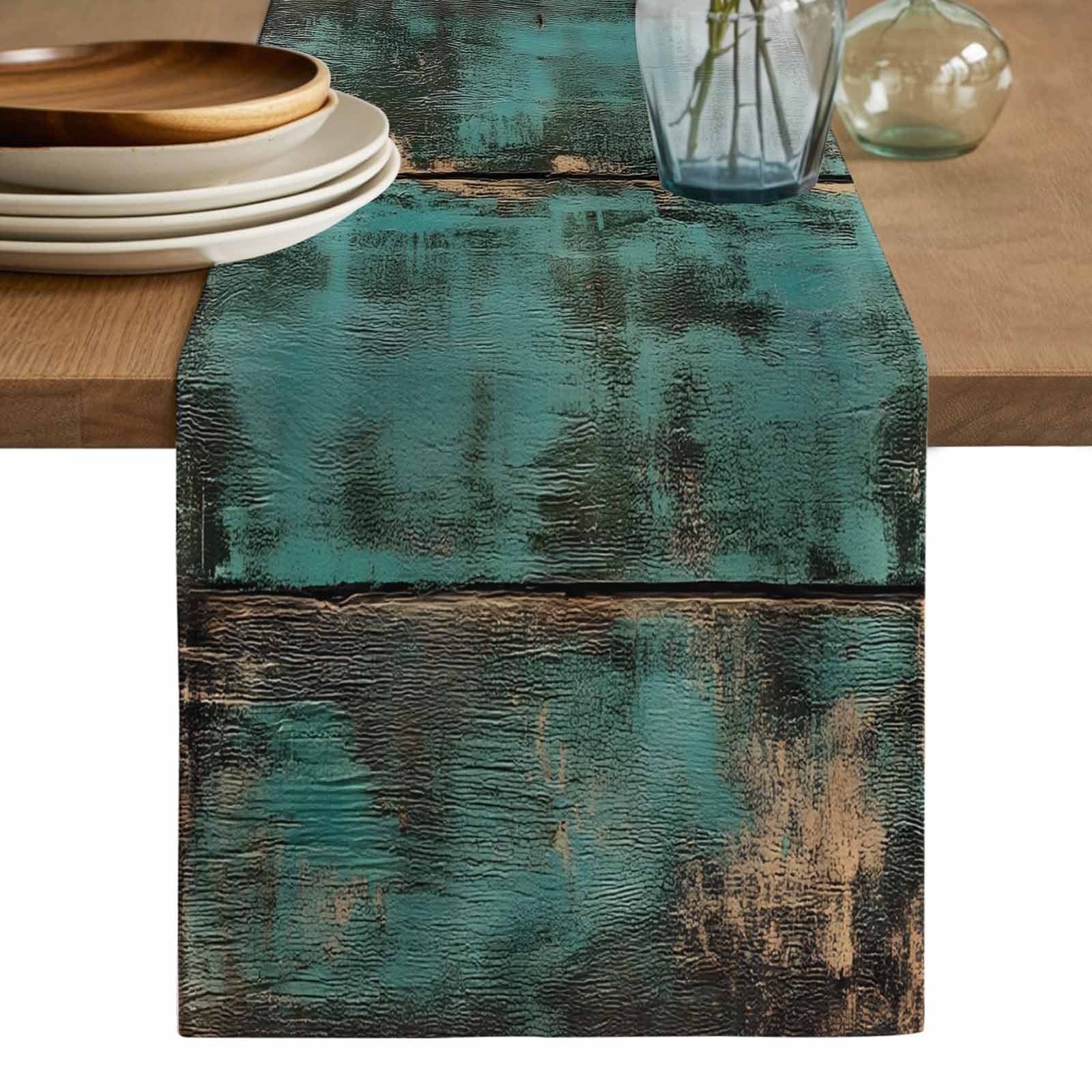 Teal Brown Wood Print Table Runner, Farmhouse Vintage Plank Washable ...