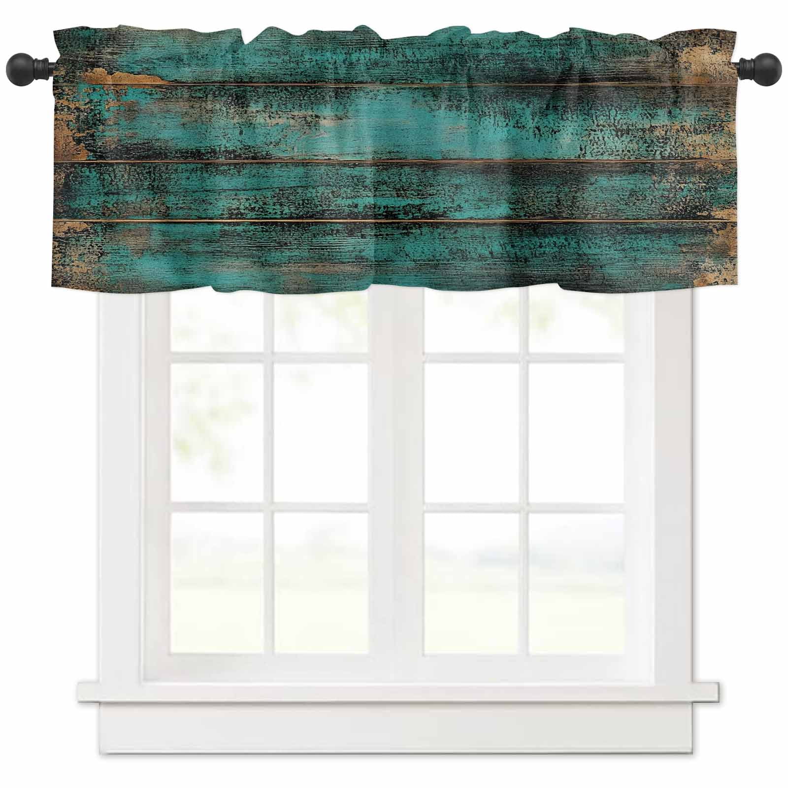 Teal Brown Wood Print Valances for Windows Farmhouse Kitchen Curtains ...