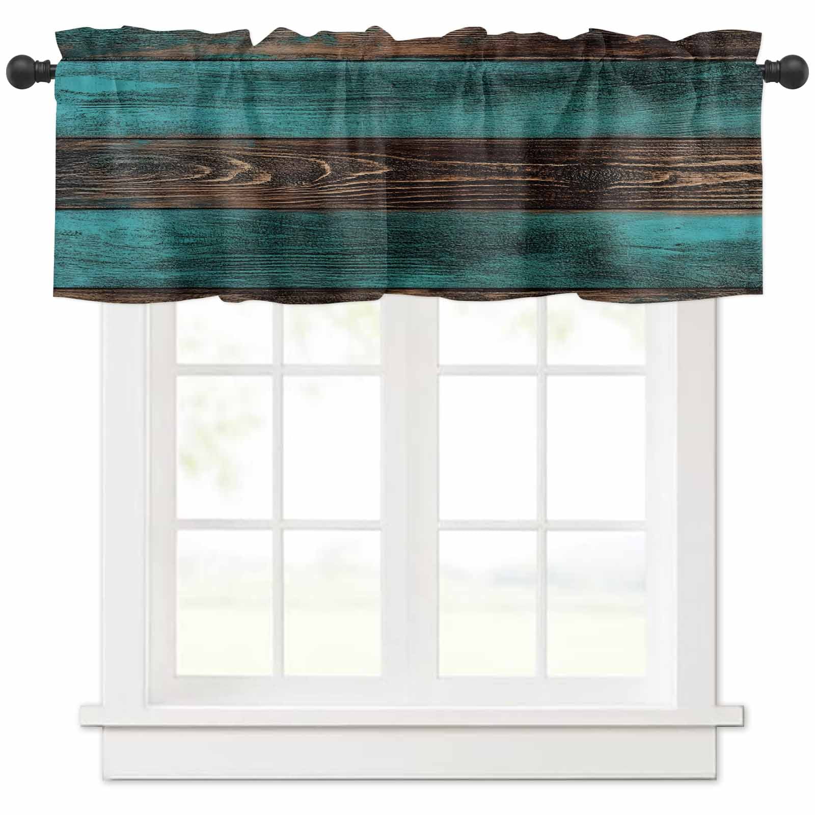 Teal Brown Wood Valances for Windows Farmhouse Kitchen Curtains ...