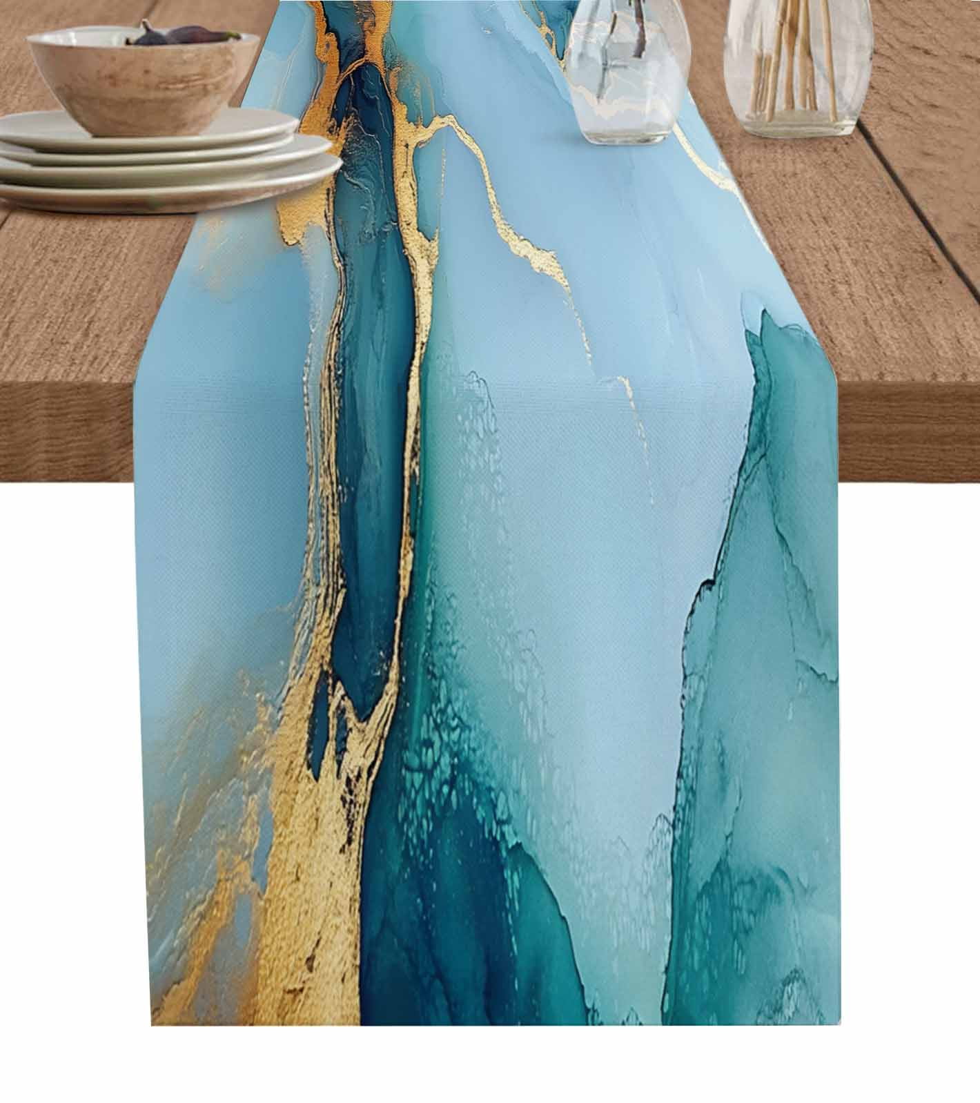 Teal Burlap Cotton Table Runner 13x90 Inches Long, Luxury Marble Golden ...