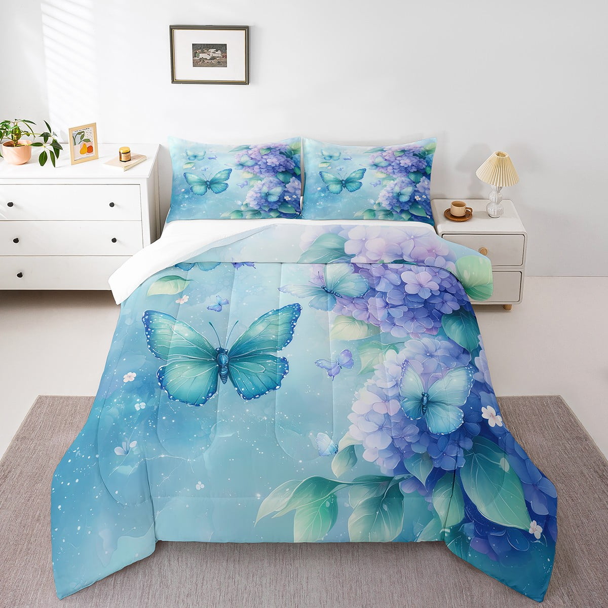 Teal Butterfly Bedding Sets Floral Queen Comforter Set,Purple Flowers ...