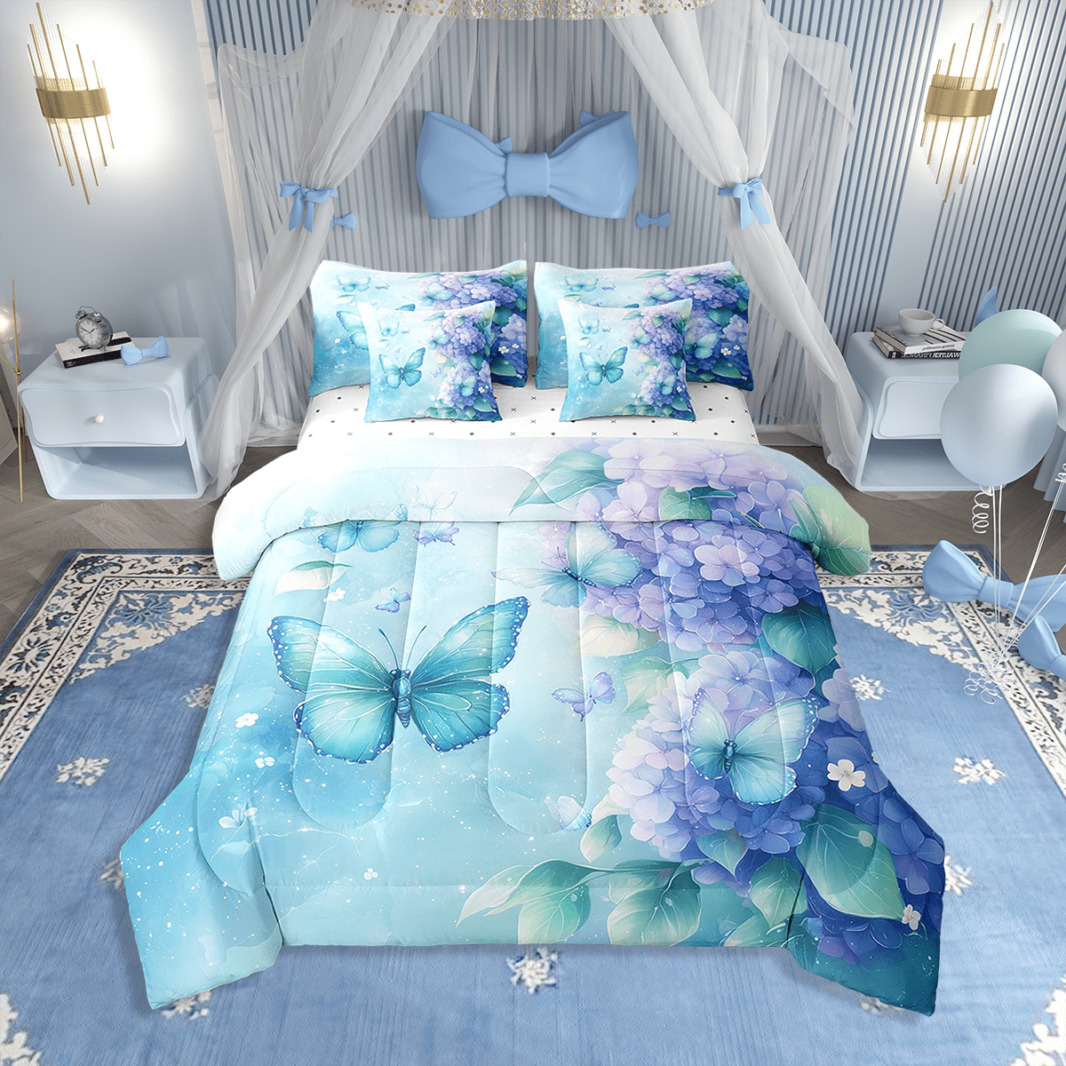 Teal Butterfly Comforter 7 Pieces Floral King Bedding Set,Purple ...