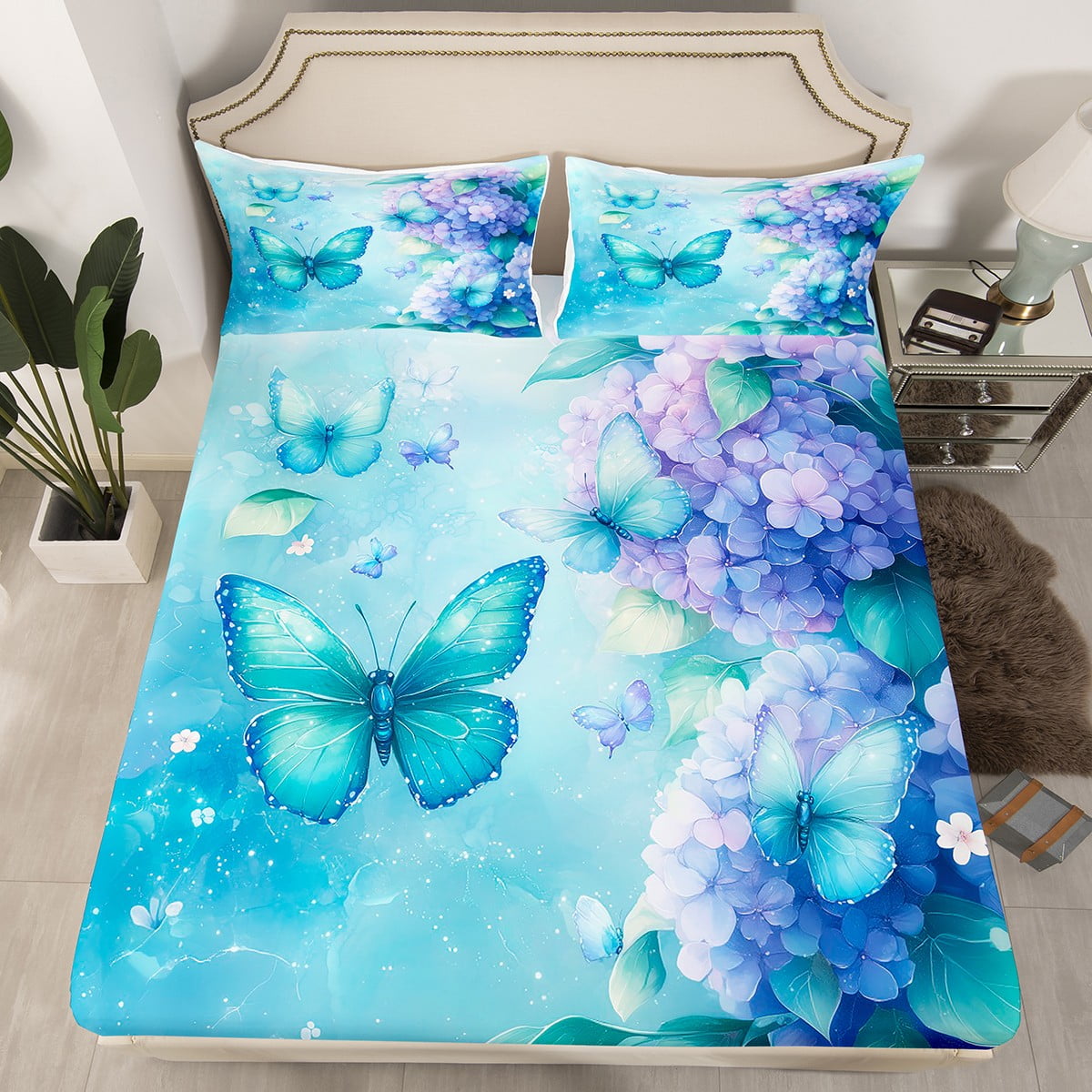 Teal Butterfly Fitted Sheet Floral Queen Bed Sheets,Purple Flowers ...
