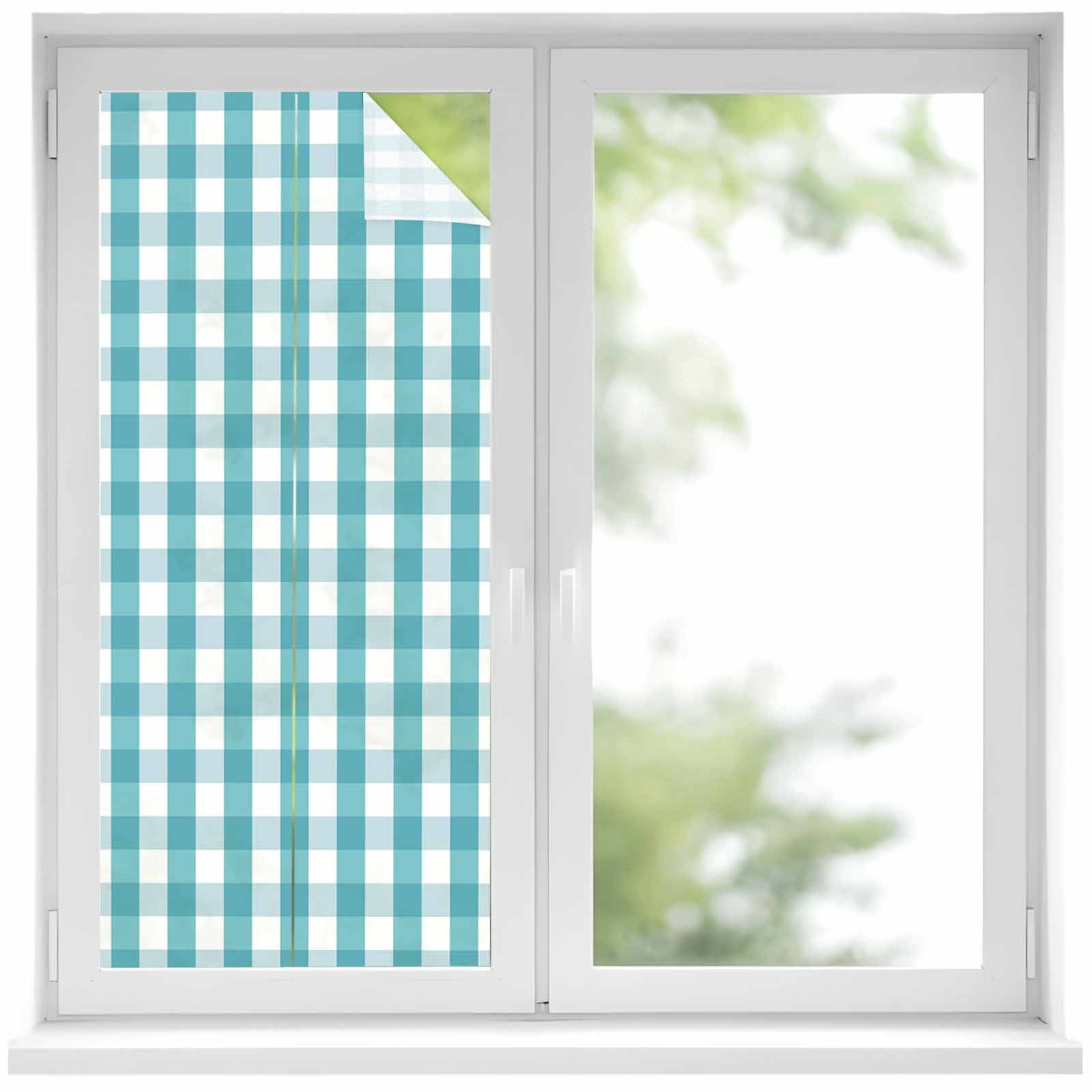 Teal Checkered Window Privacy Film, Farmhouse Aqua White Buffalo Plaid ...