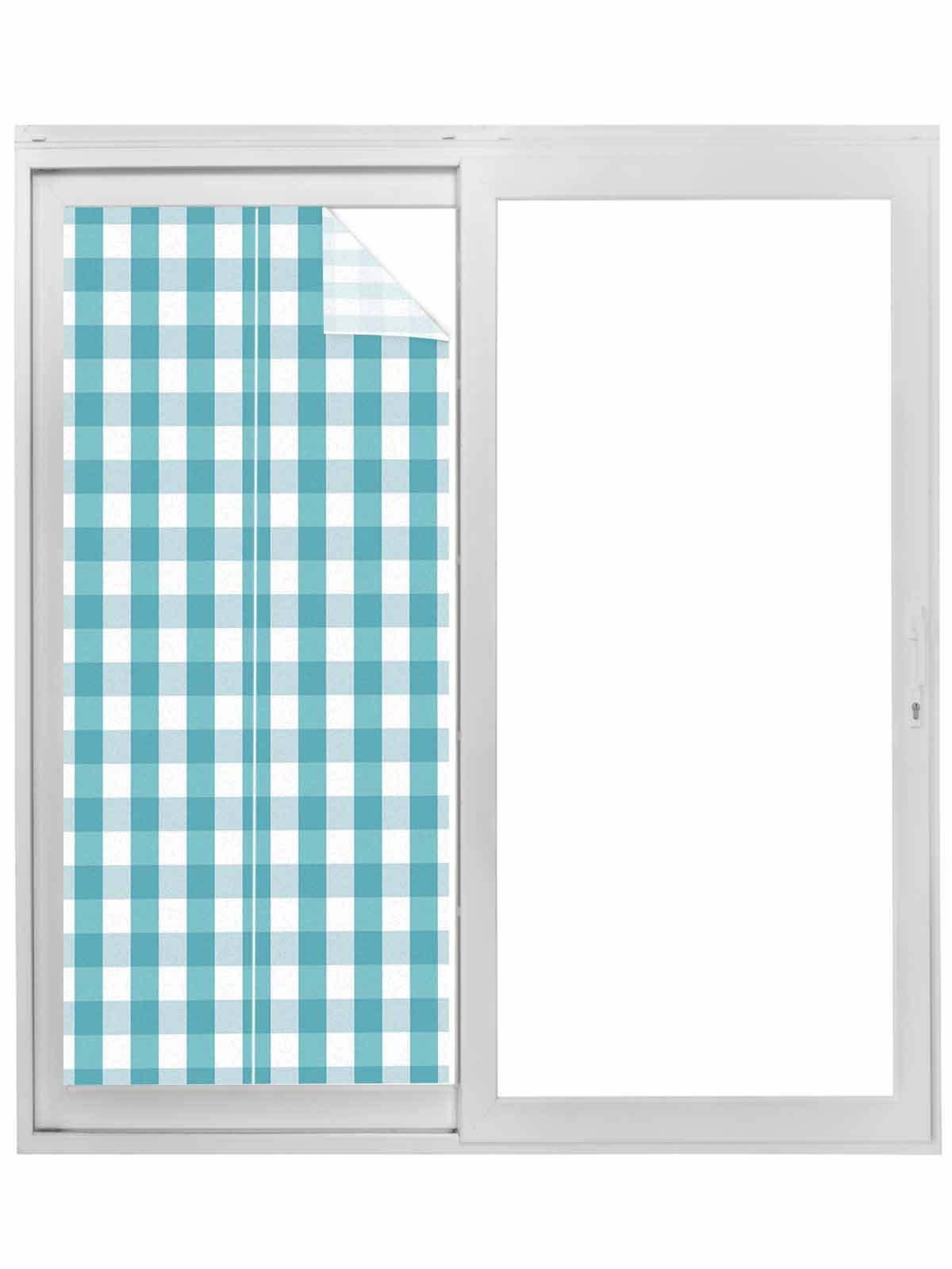 Teal Checkered Window Privacy Film, Farmhouse Aqua White Buffalo Plaid ...
