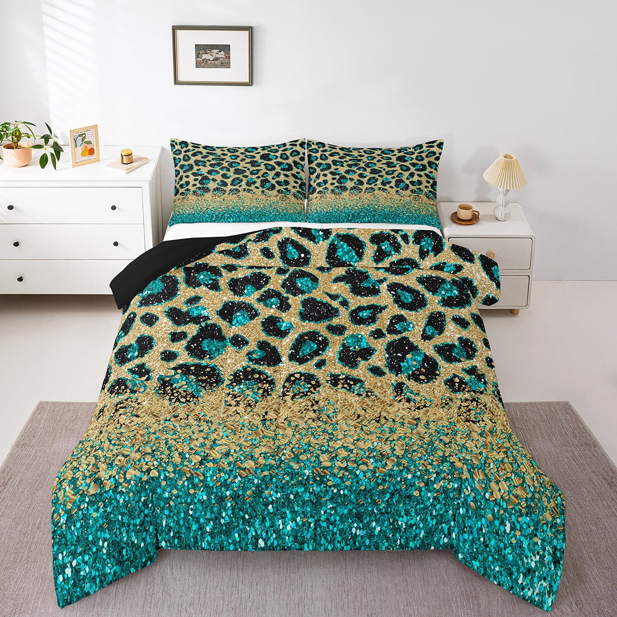 Teal Cheetah Print Queen Comforter Set Gold Sequin Print Bedding Sets ...
