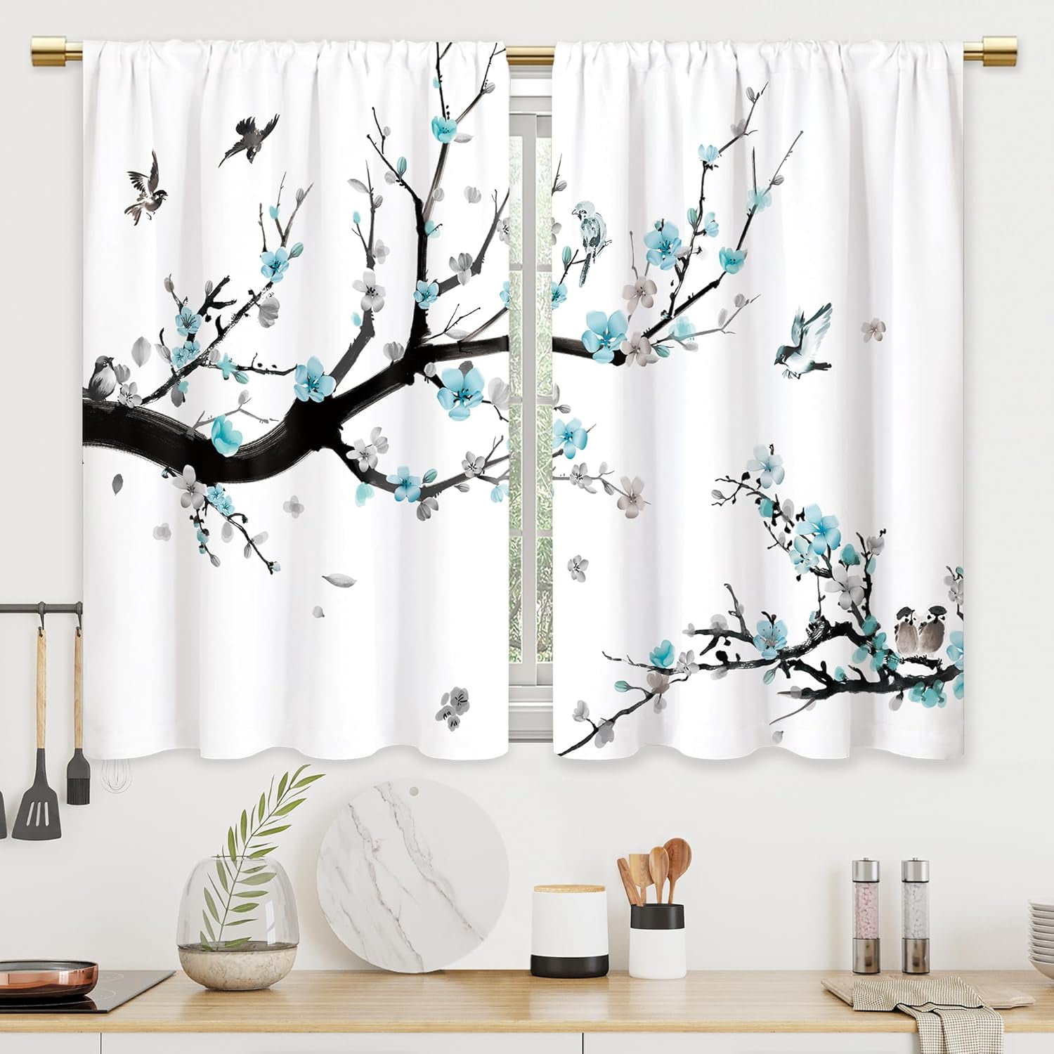 Teal Cherry Blossoms Kitchen Curtains Flower Bird Blue Floral Bathroom ...