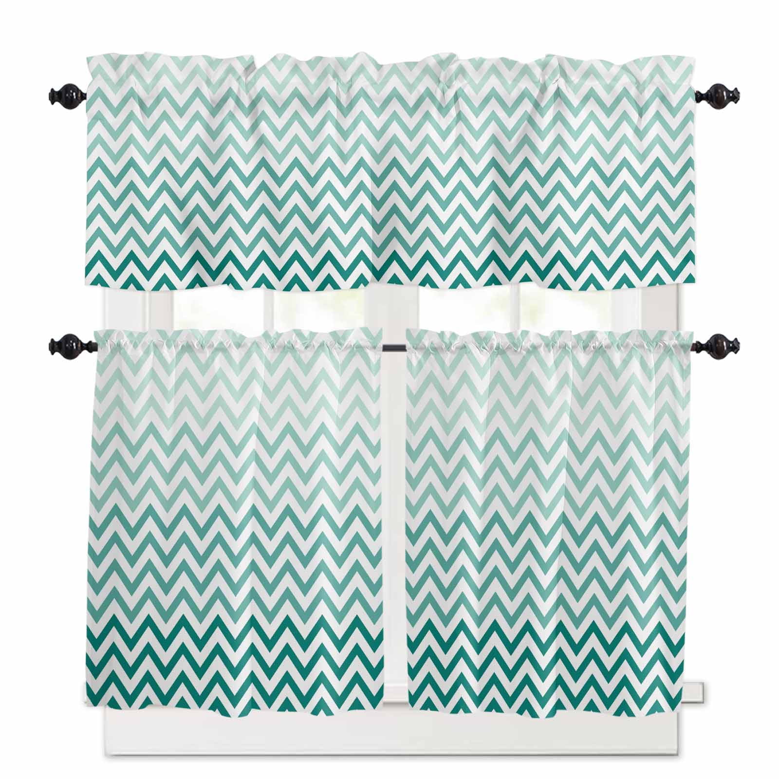 Teal Chevron Kitchen Curtains Set for Windows 3 Pieces,24 Inch Length ...