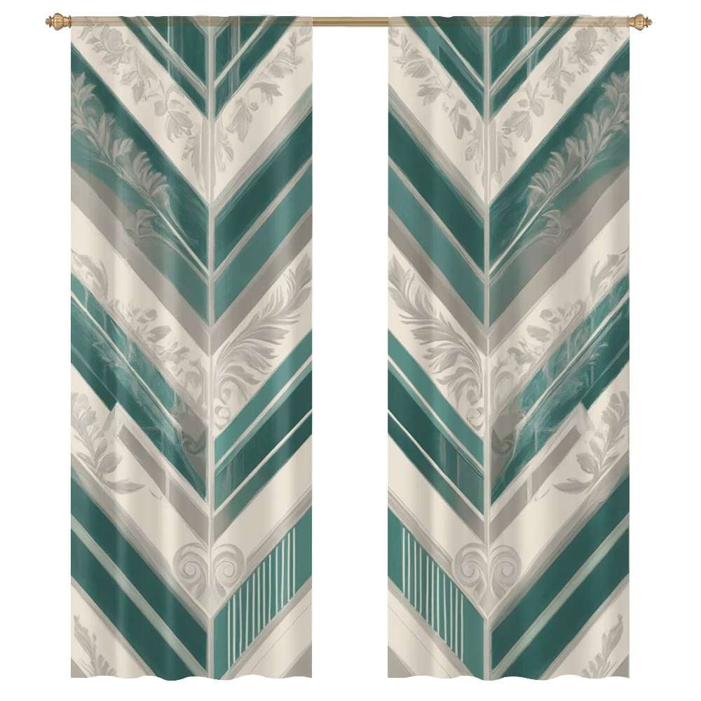Teal Chevron Ornate Pattern Design Sheer Voile Curtain Window Tulle ...