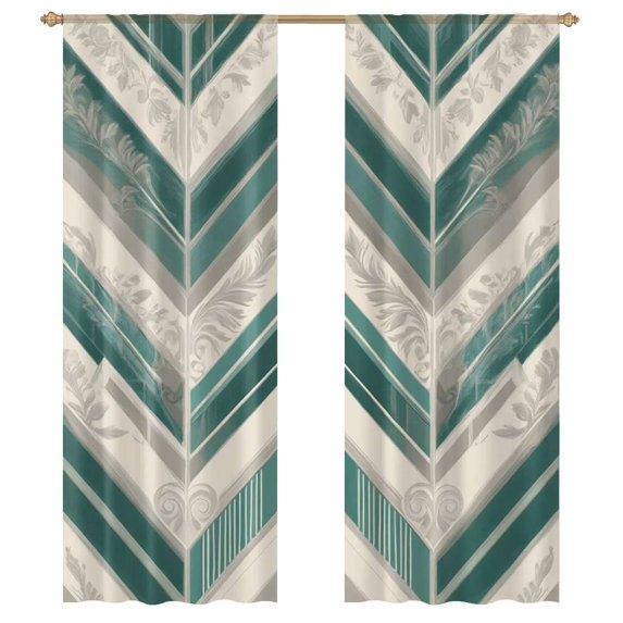 Teal Chevron Ornate Pattern Design Sheer Voile Curtain Window Tulle ...
