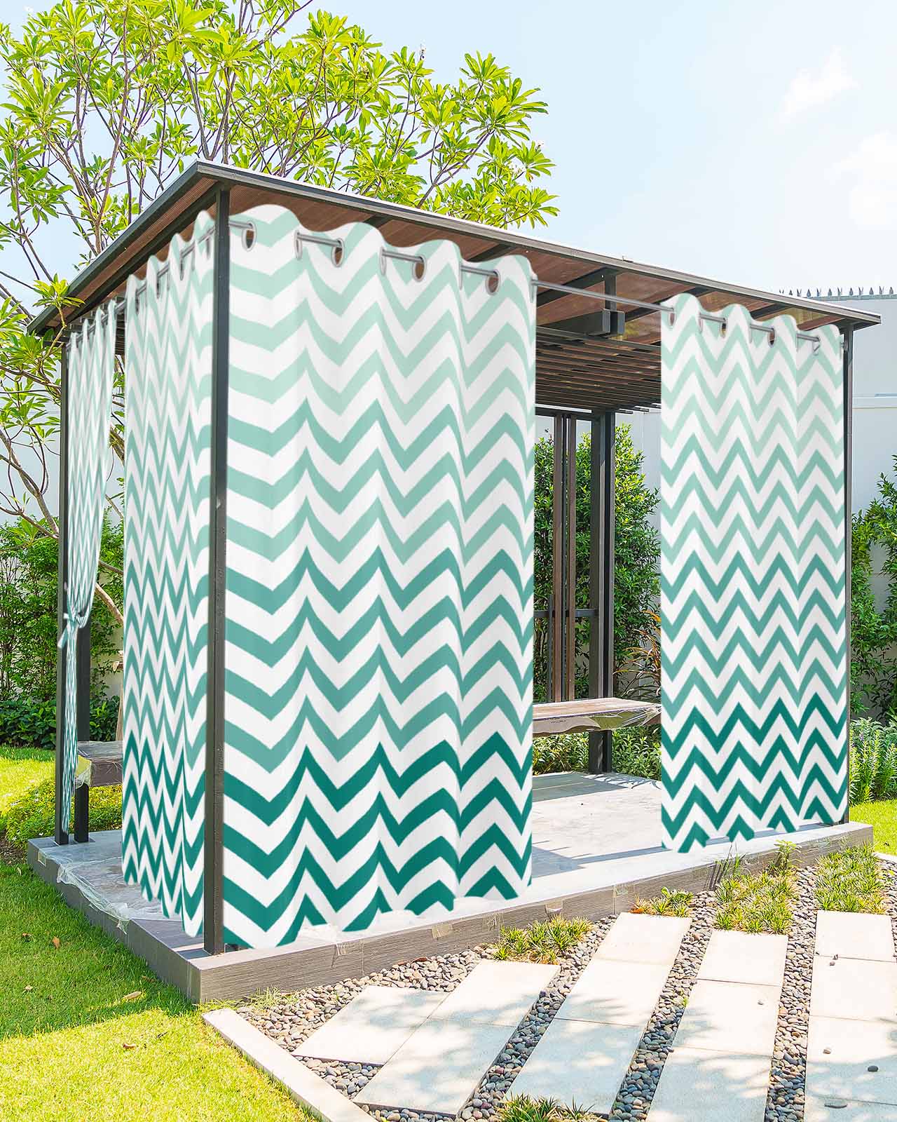 Teal Chevron Outdoor Curtains for Patio, Ombre Geometric Ocean Wave V ...