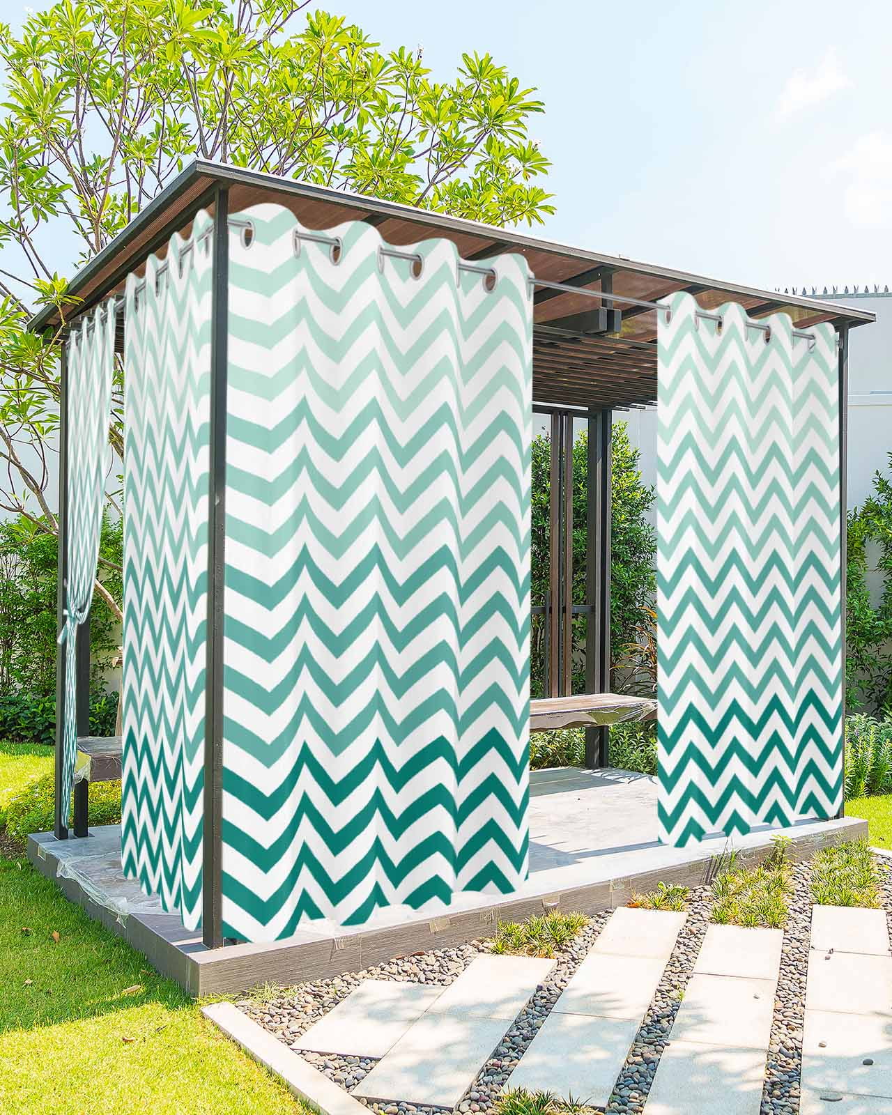 Teal Chevron Outdoor Curtains for Patio Waterproof, Ombre Geometric ...