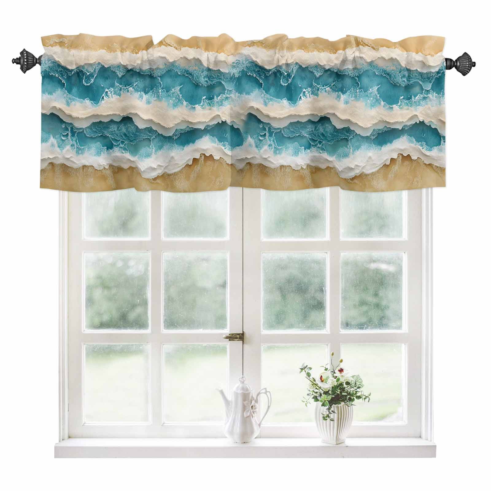 Teal Coastal Beach Kitchen Valances for Windows 60x18 Inch Kitchen ...