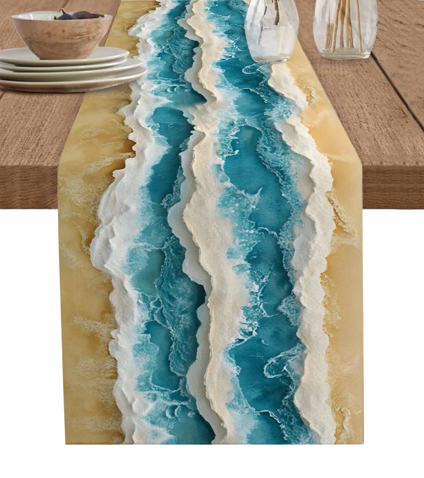 Teal Coastal Beach Table Runner 60 Inches, Summer Ocean Waves ...