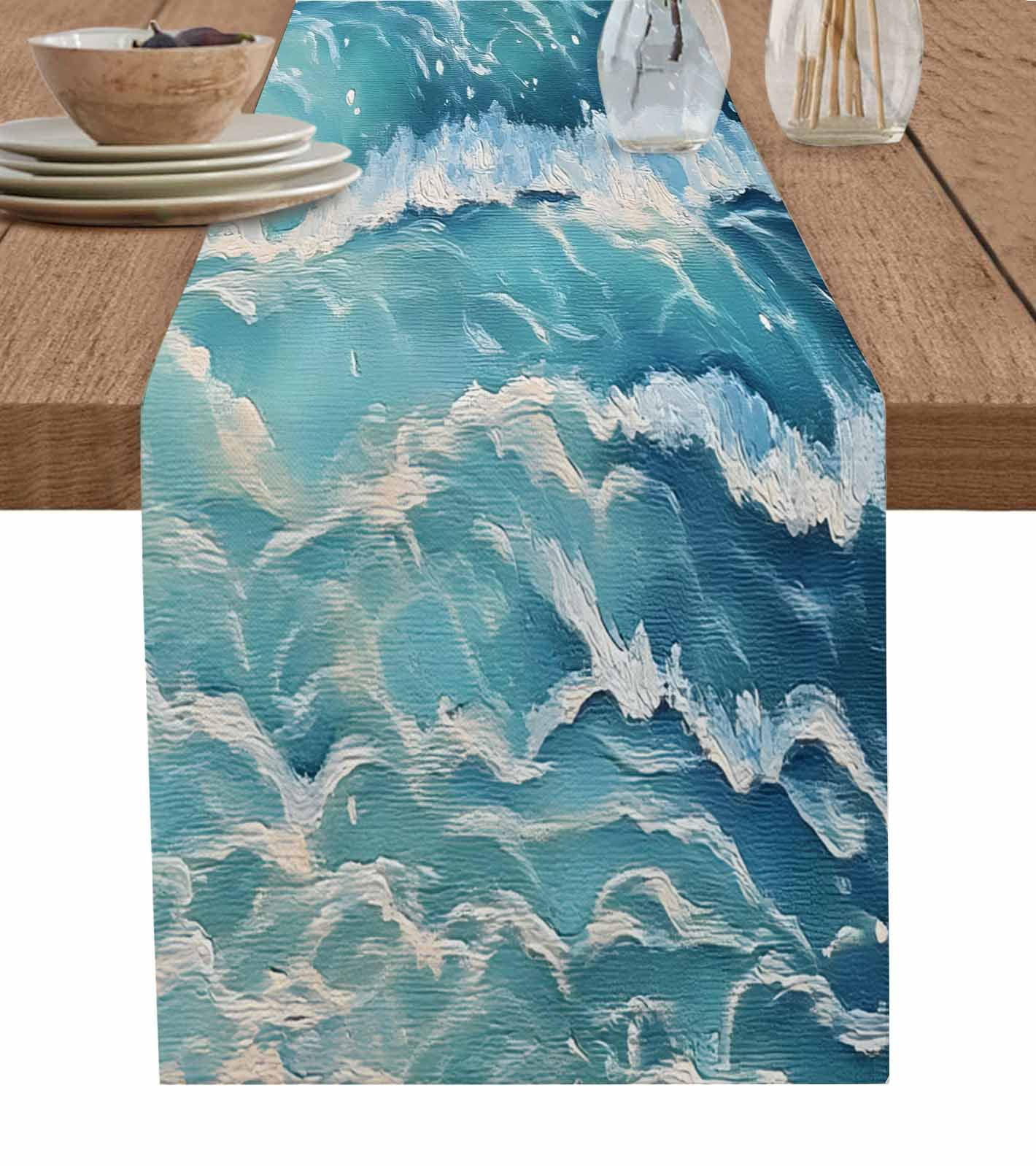 Teal Coastal Burlap Cotton Table Runner 13x108 Inches Long, Summer ...