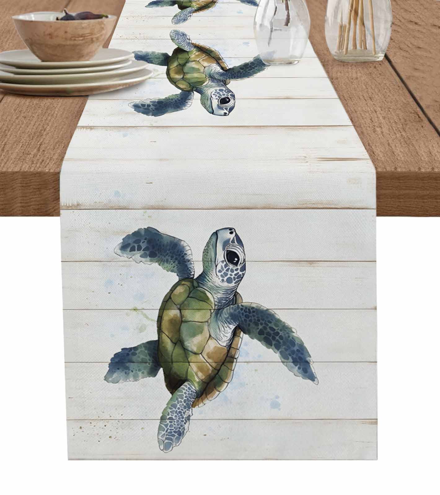 Teal Coastal Burlap Cotton Table Runner 13x70 Inches Long, Sea Turtle Nautical Beach Ocean ...