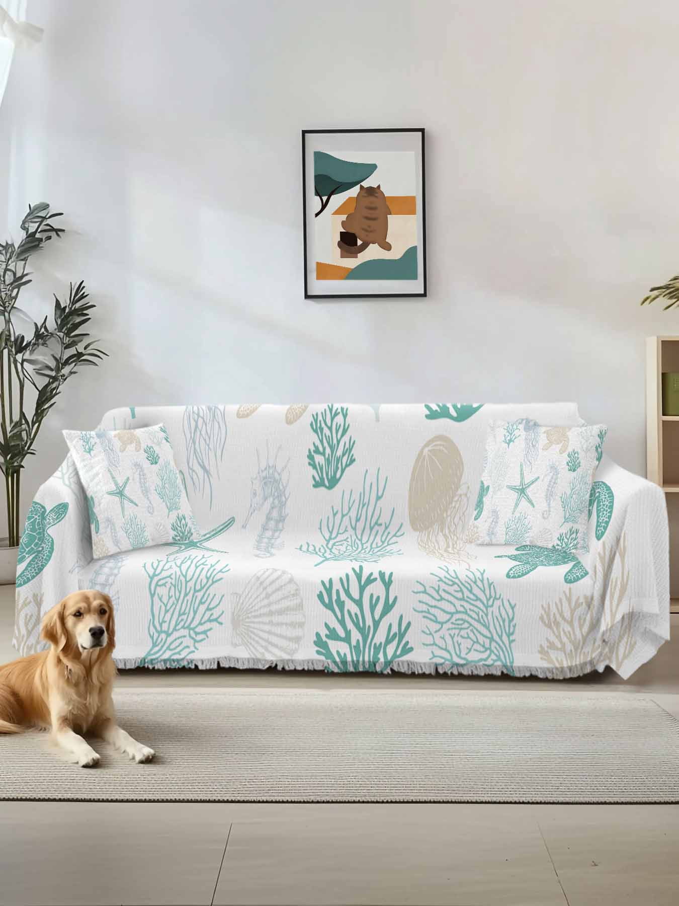 Teal Coastal Couch Cover for 2 Cushion Sofa, Nautical Summer Beach ...