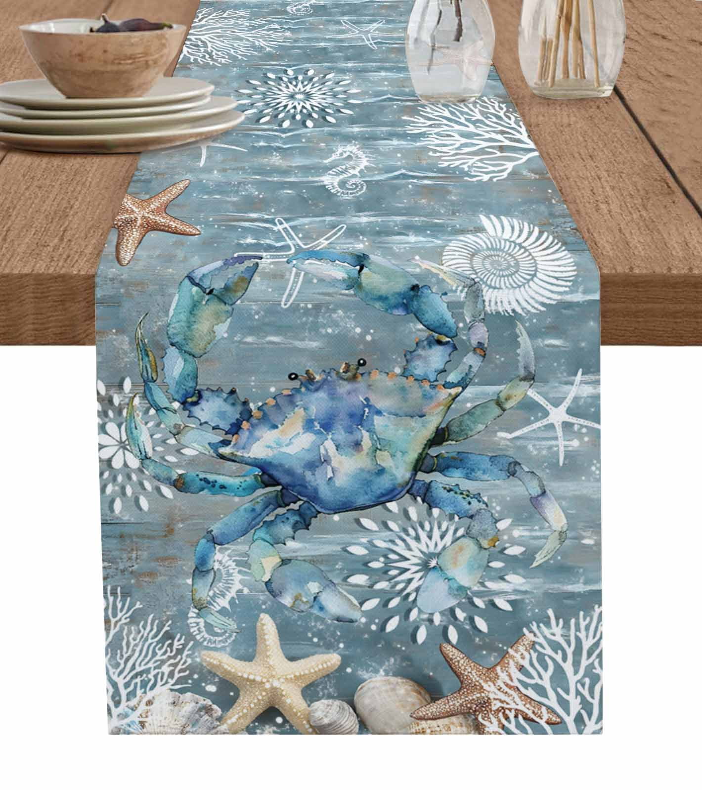 Teal Coastal Crab Table Runner Nautical Starfish Coral Summer ...