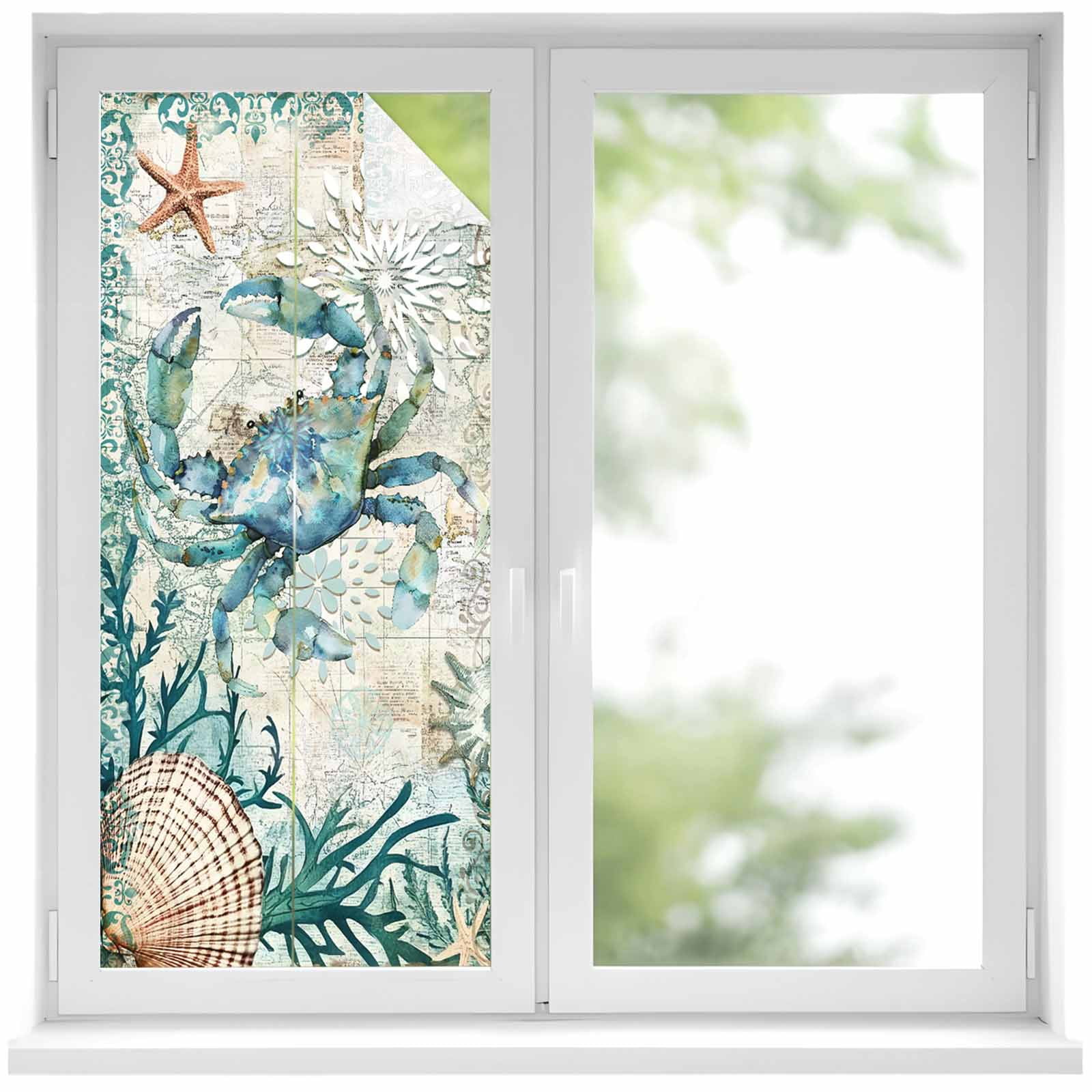 Teal Coastal Crab Window Privacy Film, Vintage Summer Beach Nautical ...