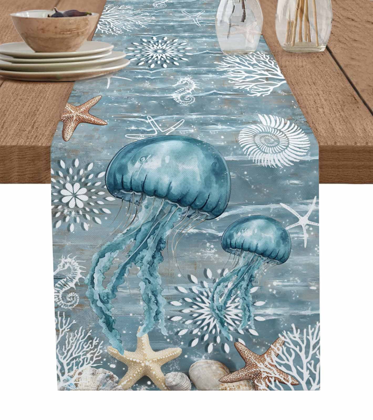 Teal Coastal Jellyfish Table Runner Nautical Ocean Starfish Coral ...