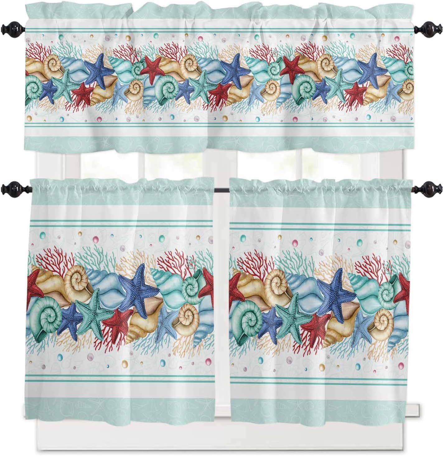 Teal Coastal Kitchen Curtains Set Short Half Curtains 36 Inches Length ...
