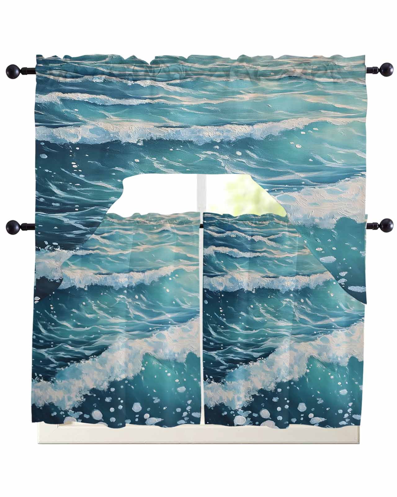 Teal Coastal Kitchen Curtains Sets 24 Inch Length with Valance, Summer ...