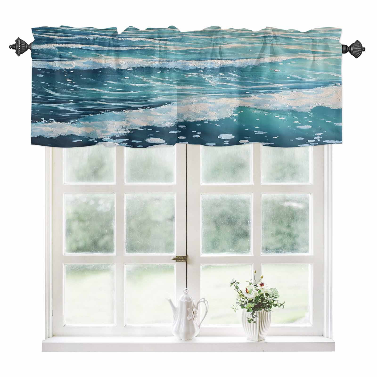 Teal Coastal Kitchen Valances for Windows 42x12 Inch Kitchen Curtains ...
