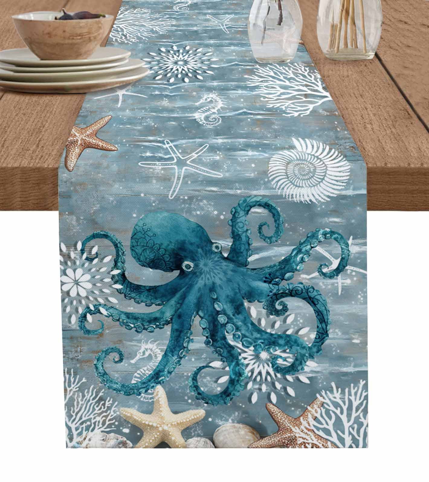 Teal Coastal Octopus Table Runner Nautical Starfish Coral Beach ...