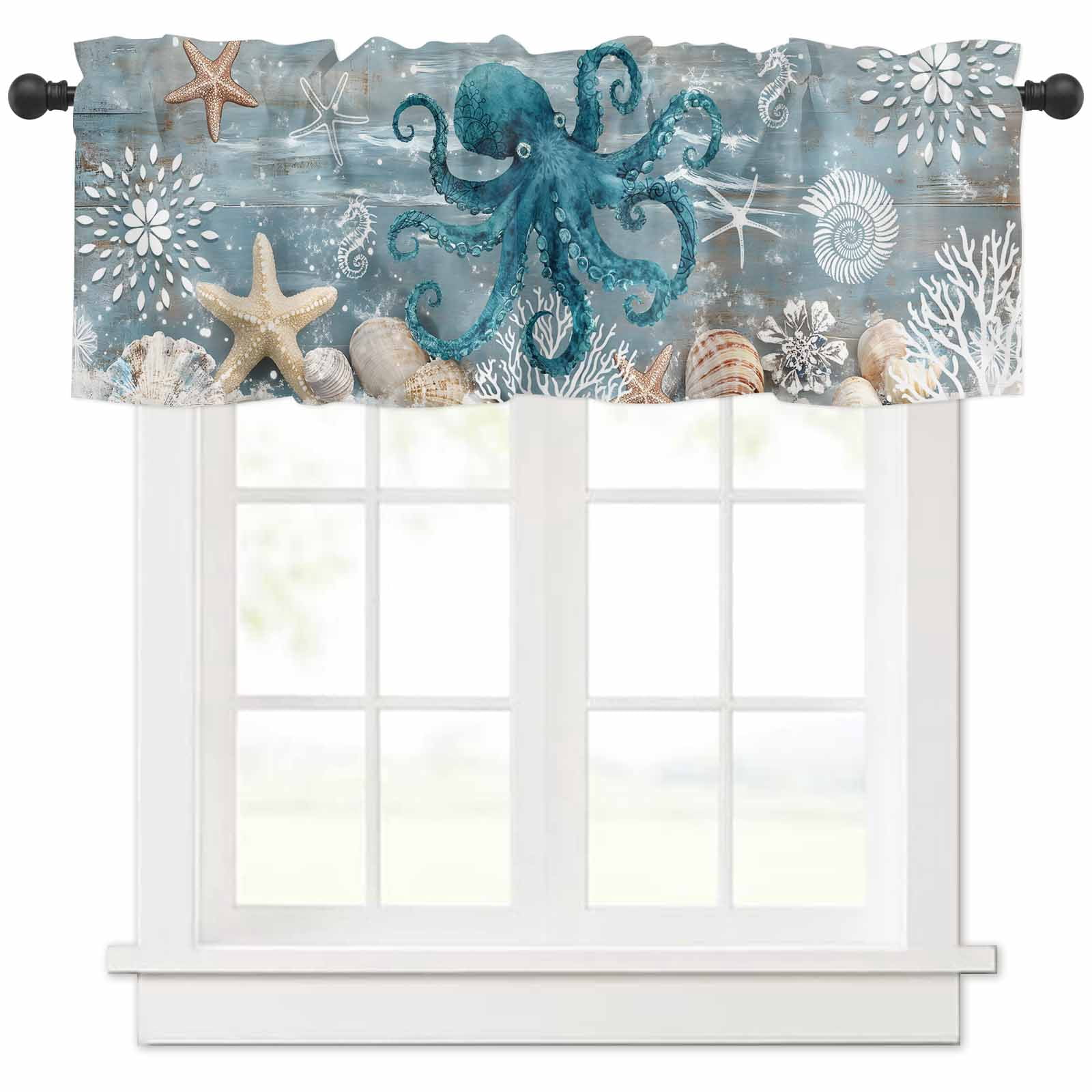 Teal Coastal Octopus Valances for Windows Farmhouse Kitchen Curtains ...