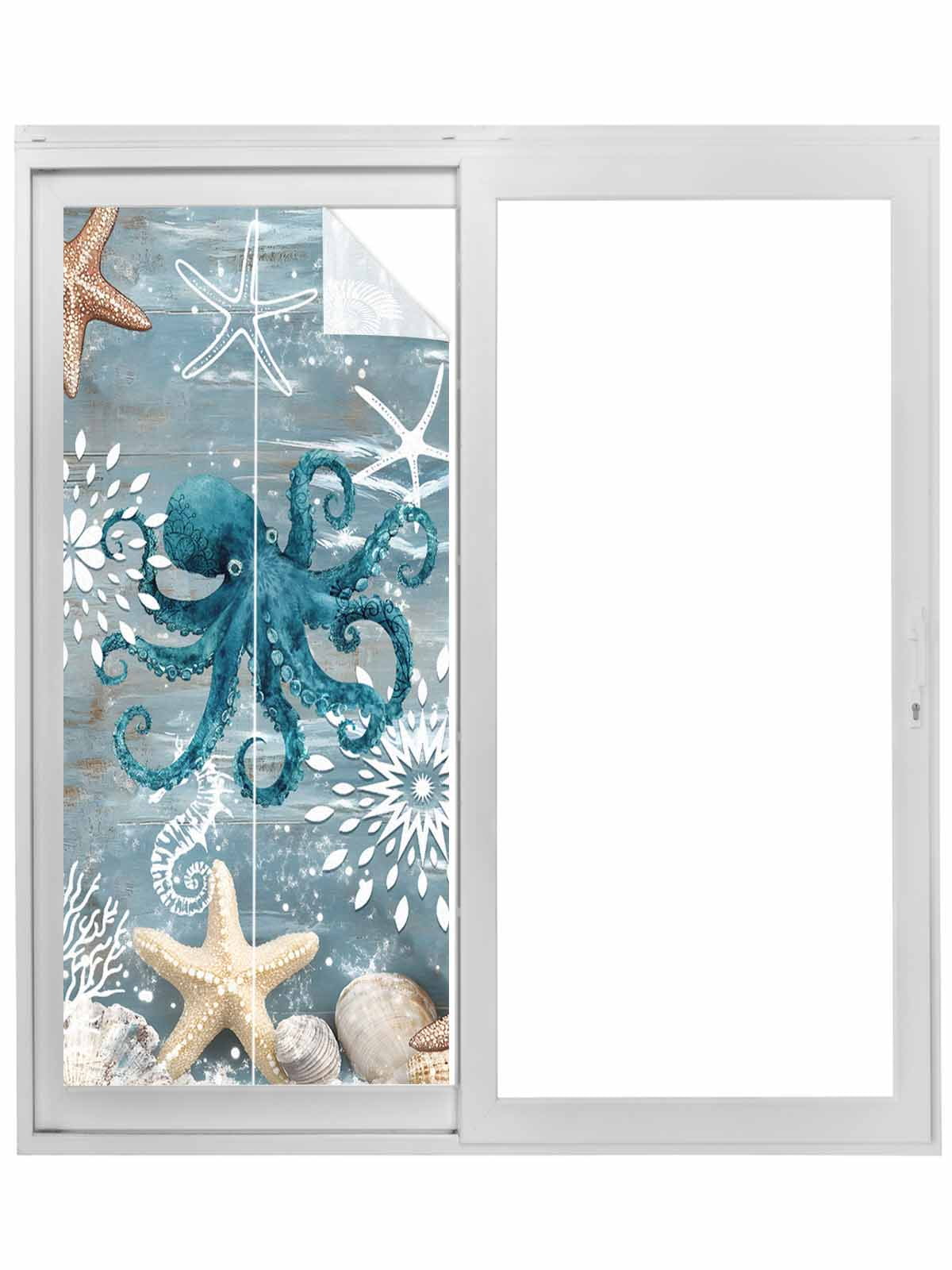 Teal Coastal Octopus Window Privacy Film Stained Glass Window Film ...