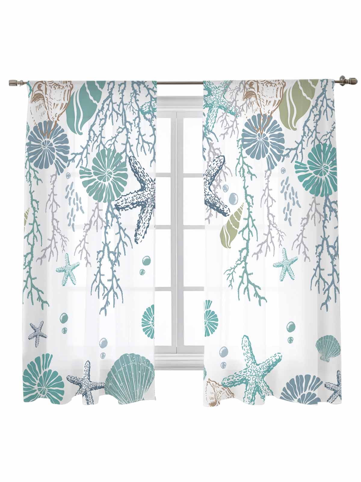 Teal Coastal Sheer Curtains 2 Panels Set Starfish Coral Shell Summer ...