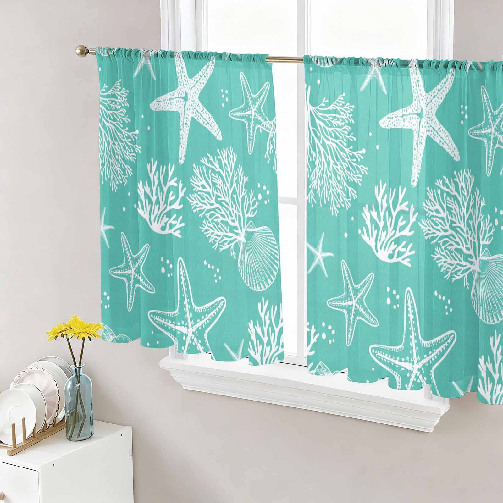 Teal Coastal Sheer Curtains 54 Inch Length 2 Panels Set Window ...
