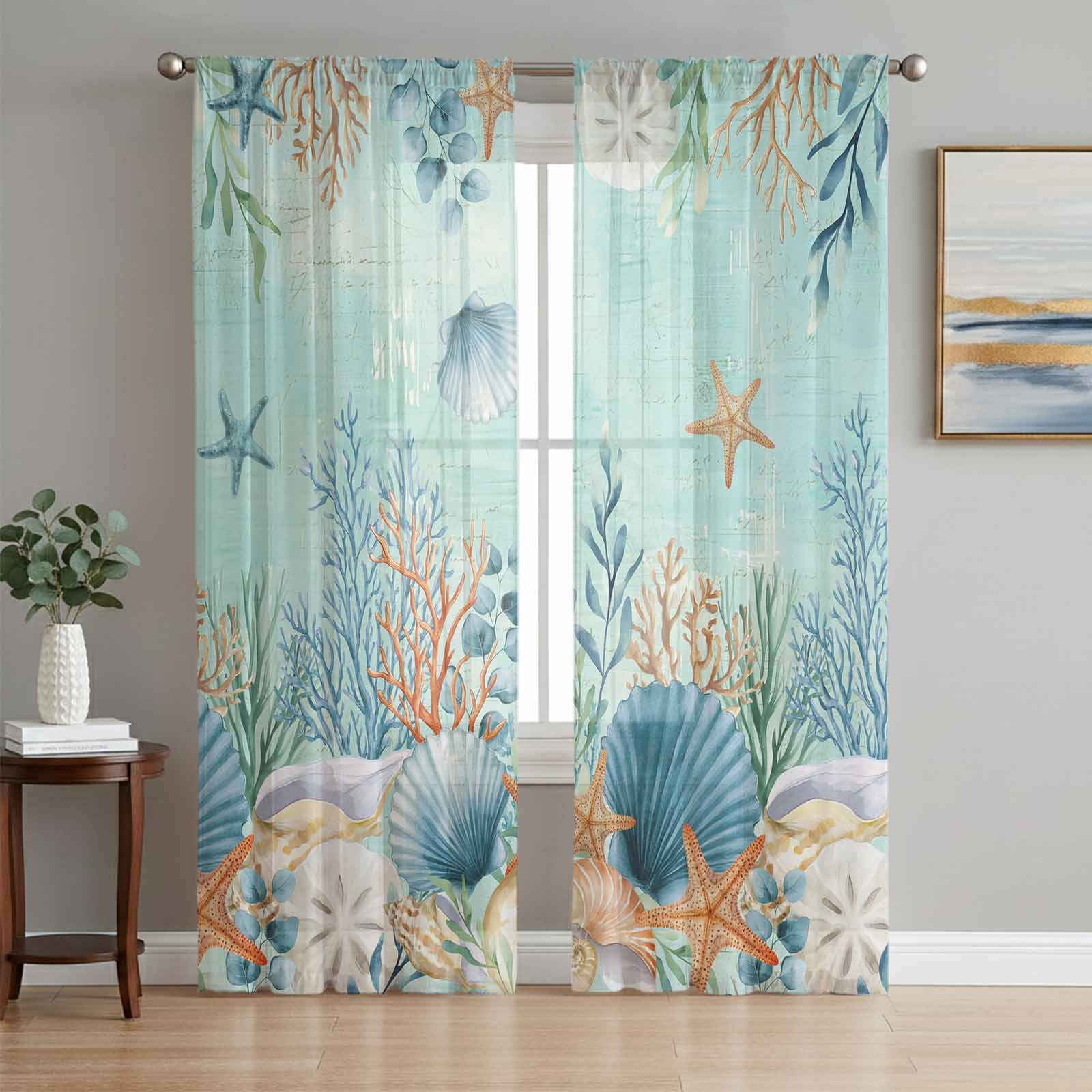 Teal Coastal Sheer Curtains 63 Inch Length 2 Panels Set Window ...