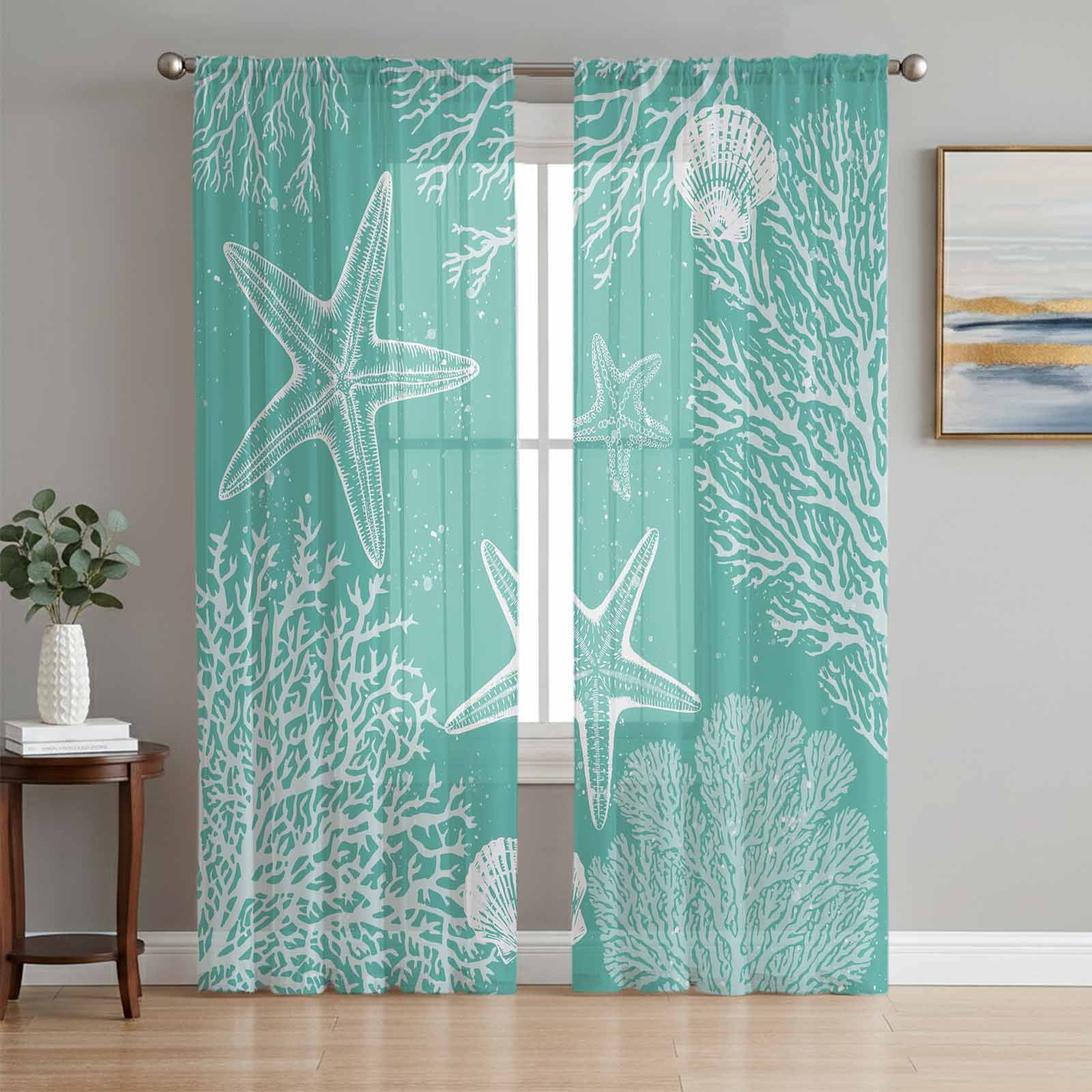 Teal Coastal Sheer Curtains 96 Inch Length 2 Panels Set Window ...