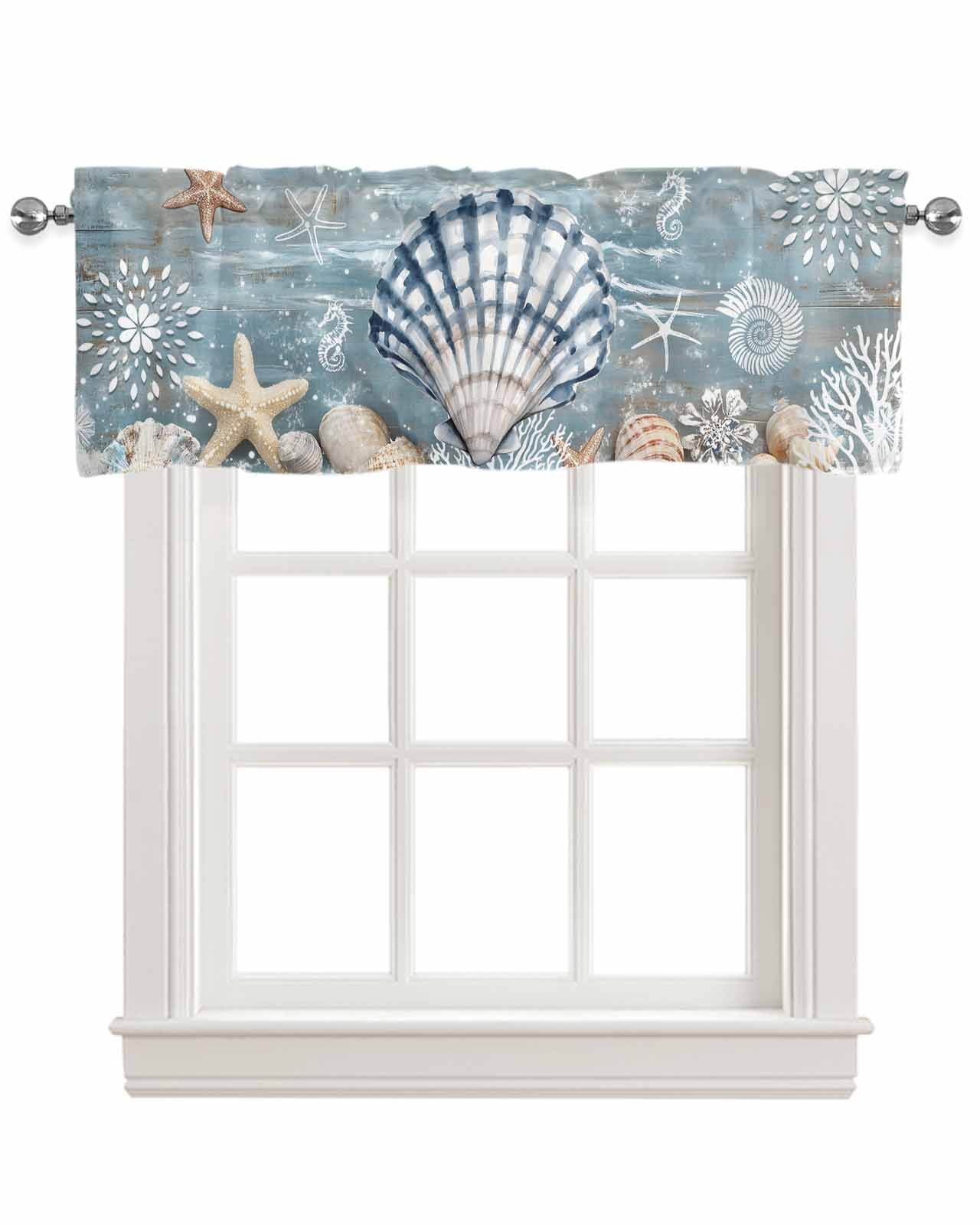 Teal Coastal Shell Kitchen Valances for Windows Farmhouse Linen Window ...