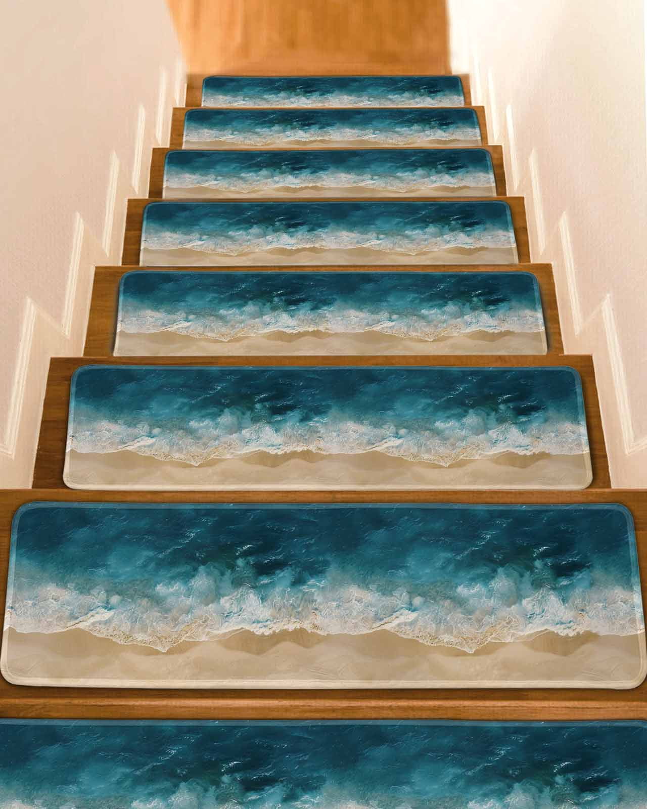 Teal Coastal Stair Treads for Wooden Steps Indoor Runner Rug Carpet ...