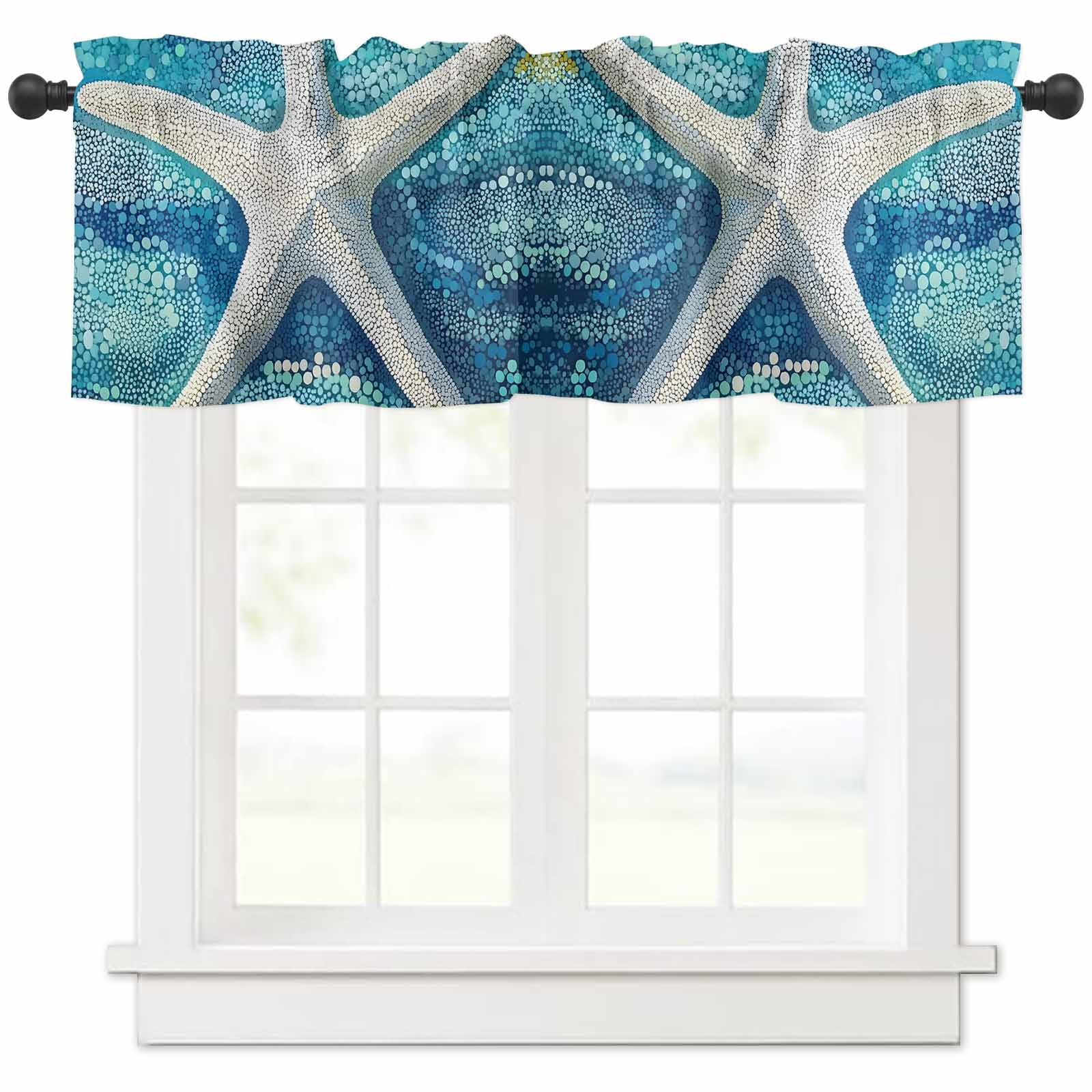 Teal Coastal Starfish Valances for Windows Farmhouse Kitchen Curtains ...